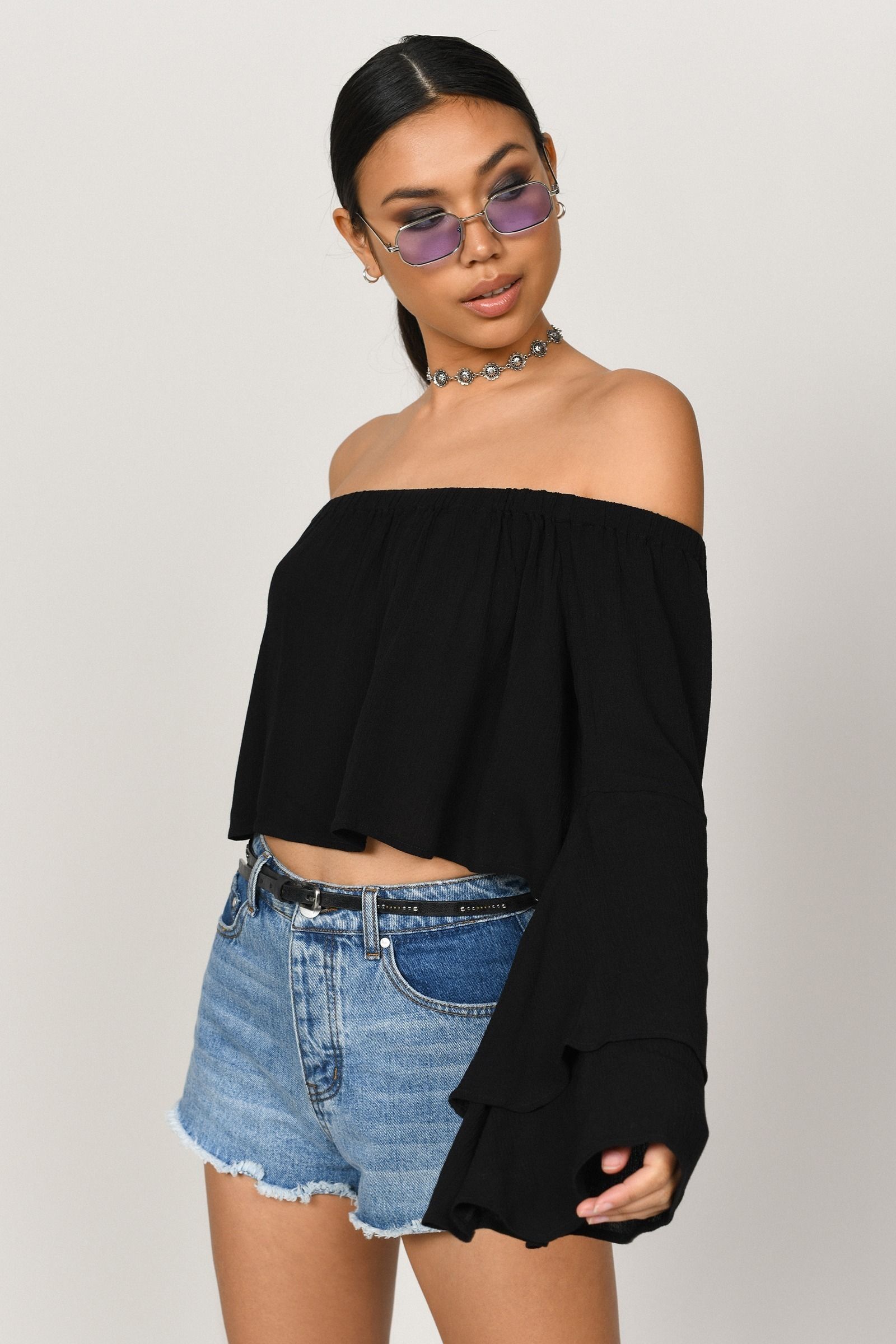 Red Crop Top - Off Shoulder Crop Top - Crop Top With Bell Sleeves