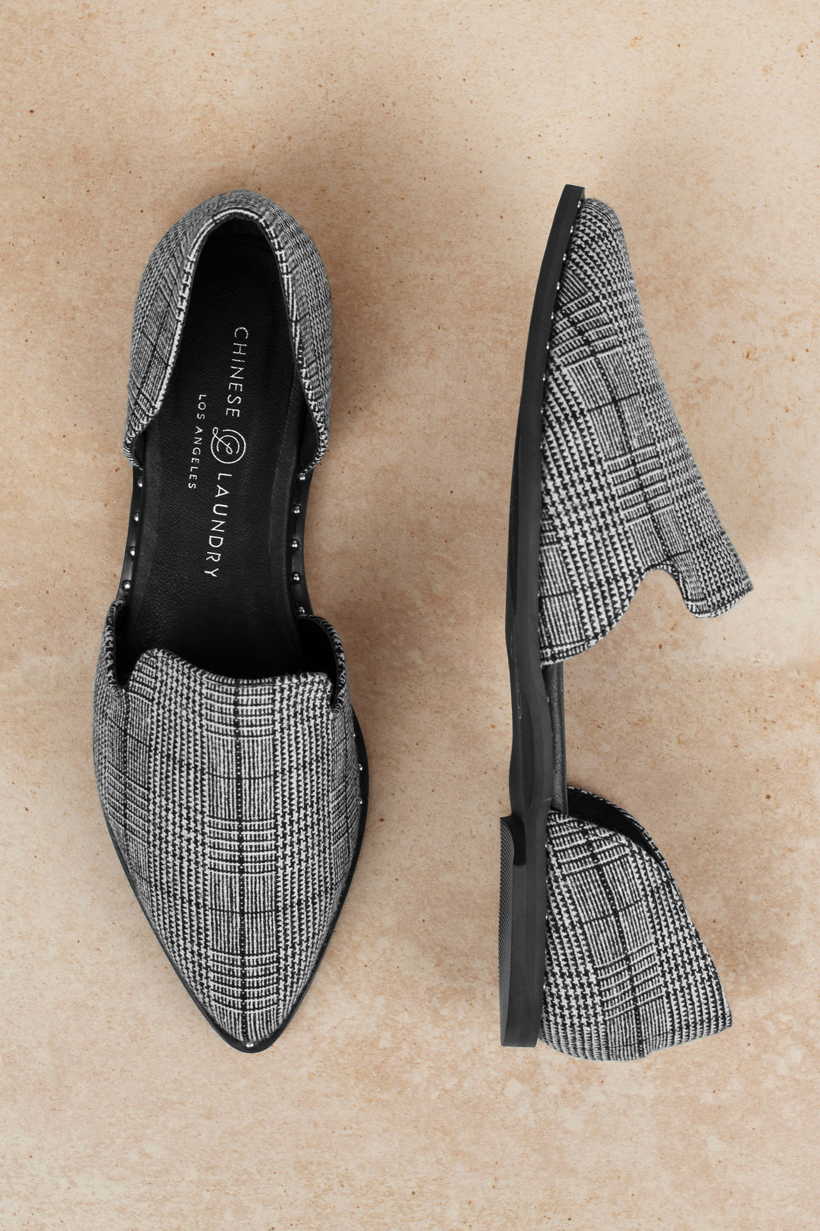 Black And White Flats - Plaid Print Flats - Pointed Flats