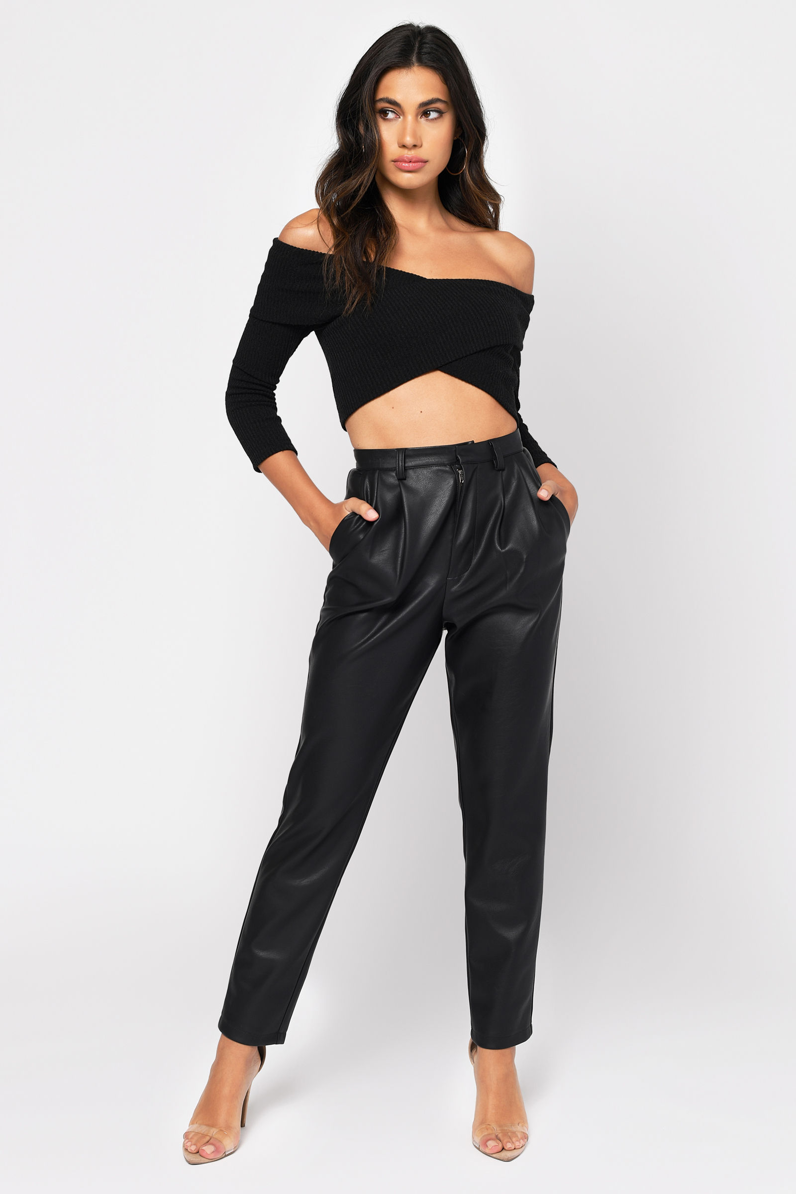 White Crop Top - Crossing Lines Knit Crop Top - Bardot Crop Top Long ...