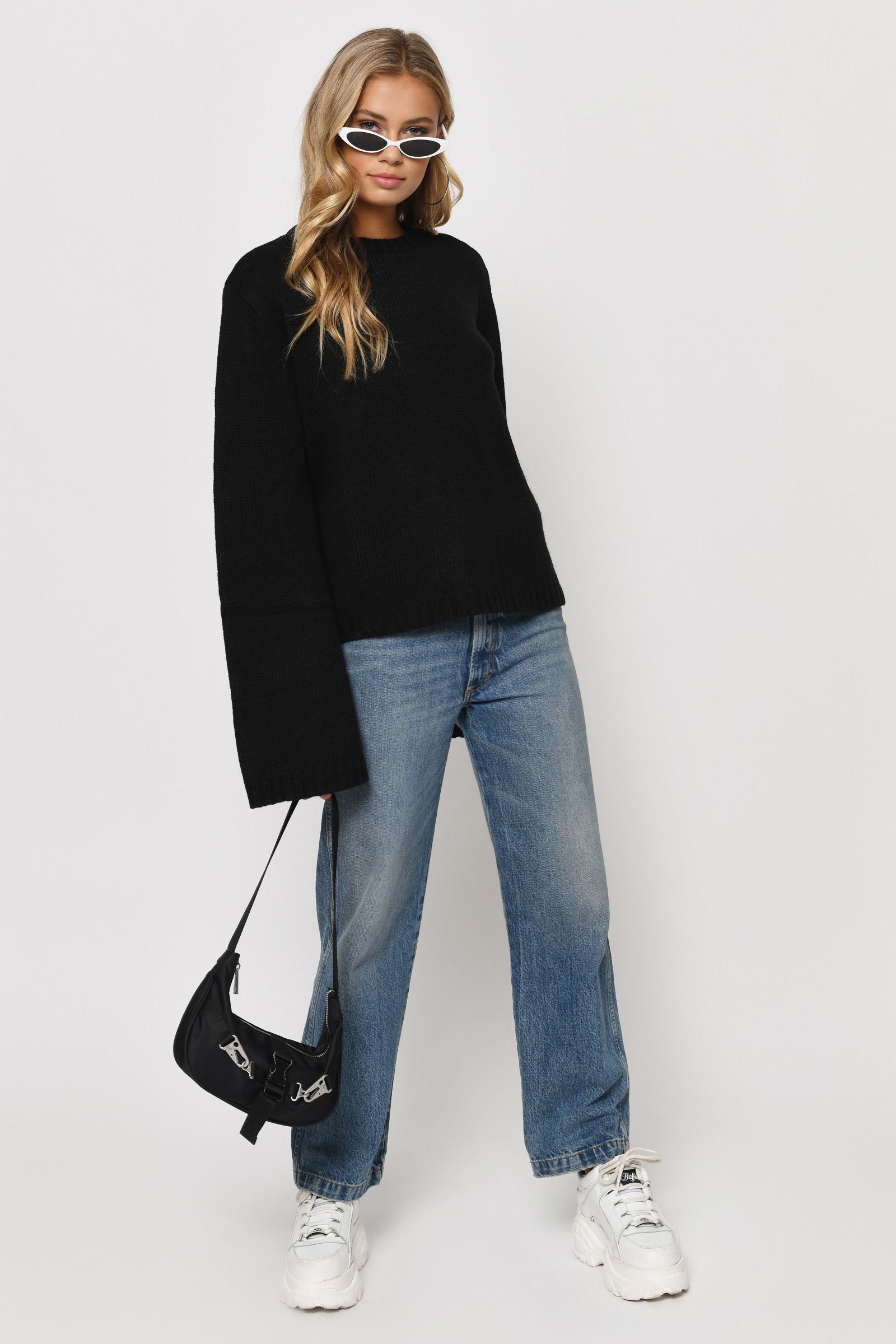 Black Sweater - Flared Sleeve Sweater - Crew Neckline Sweater