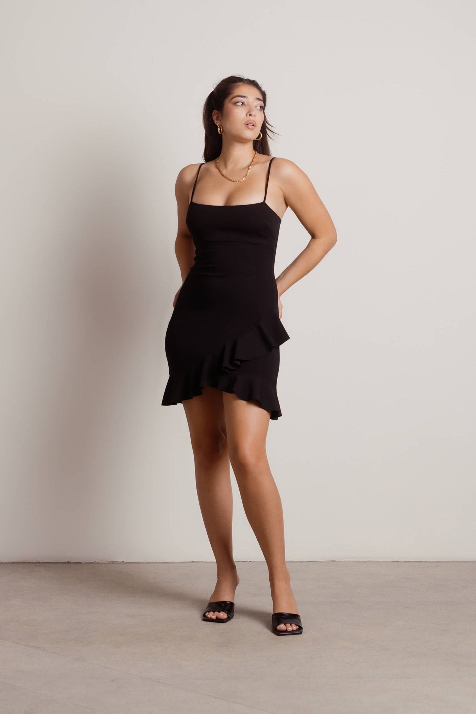 Black Mini Dresse - Ruffled Bottom Bodycon Dress - Wrap Dress