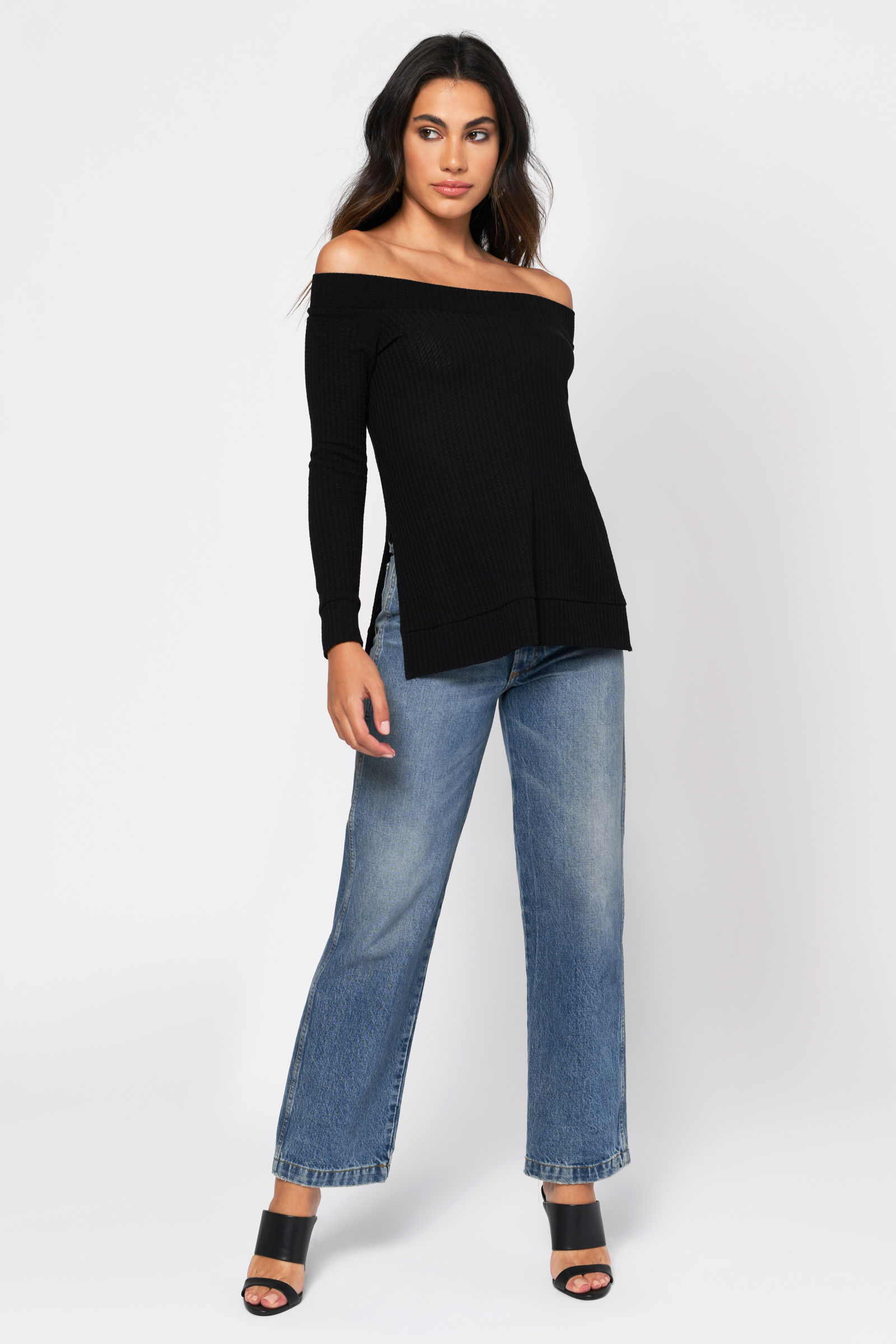 Black Tee - Off Shoulder Black Top - Black Side Split Top