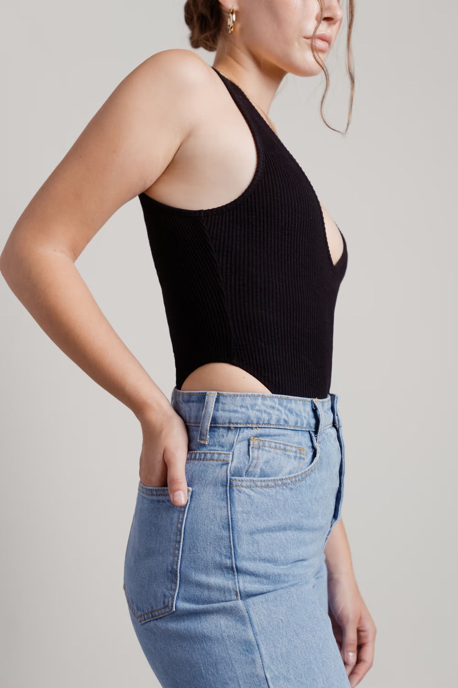 Black Bodysuit - High Side Cutout Bodysuit - Ribbed Ribbed Bodysuit