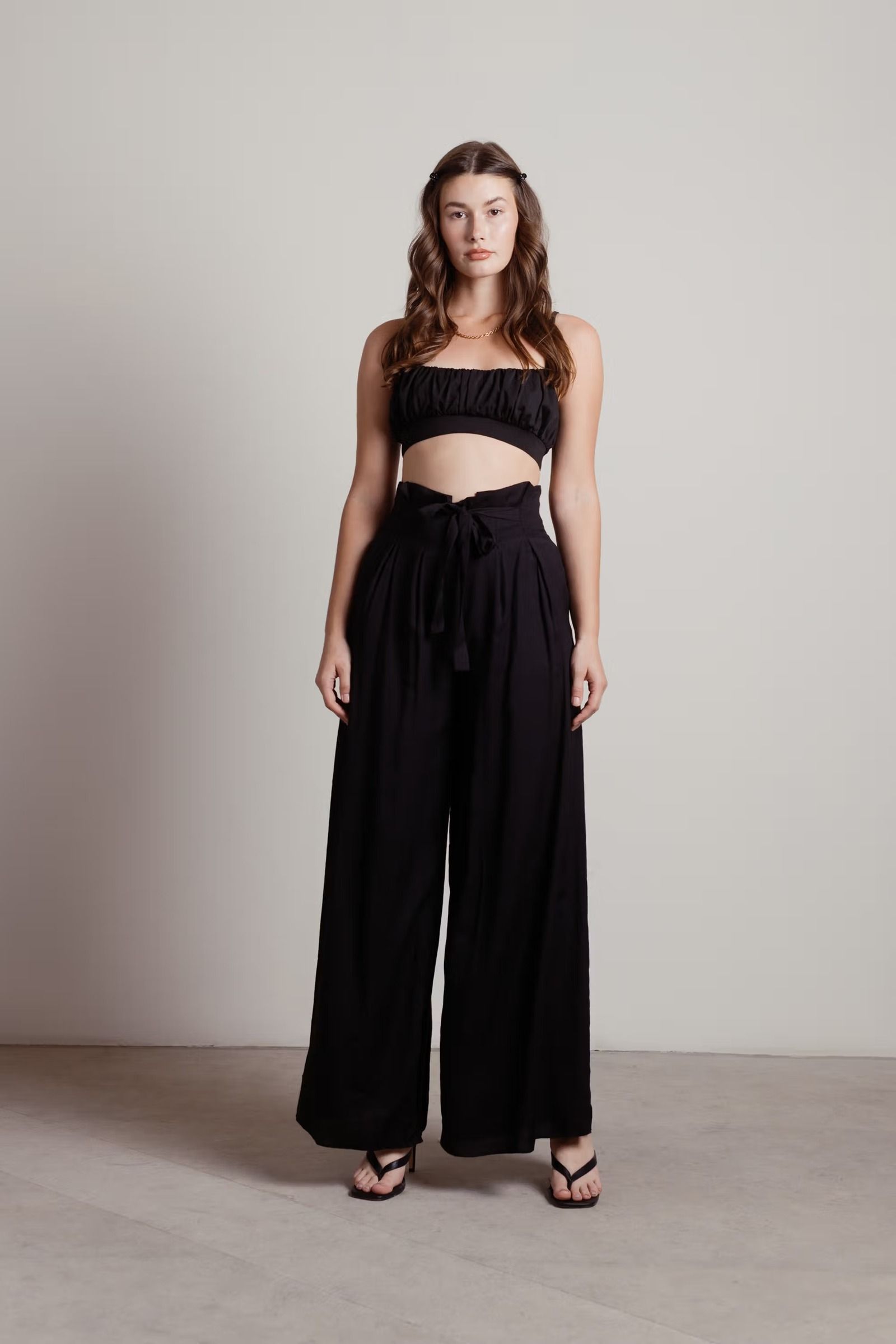 Black Wide Leg Pants - Back Zipper Ruffle Pants - Front Tie Pants