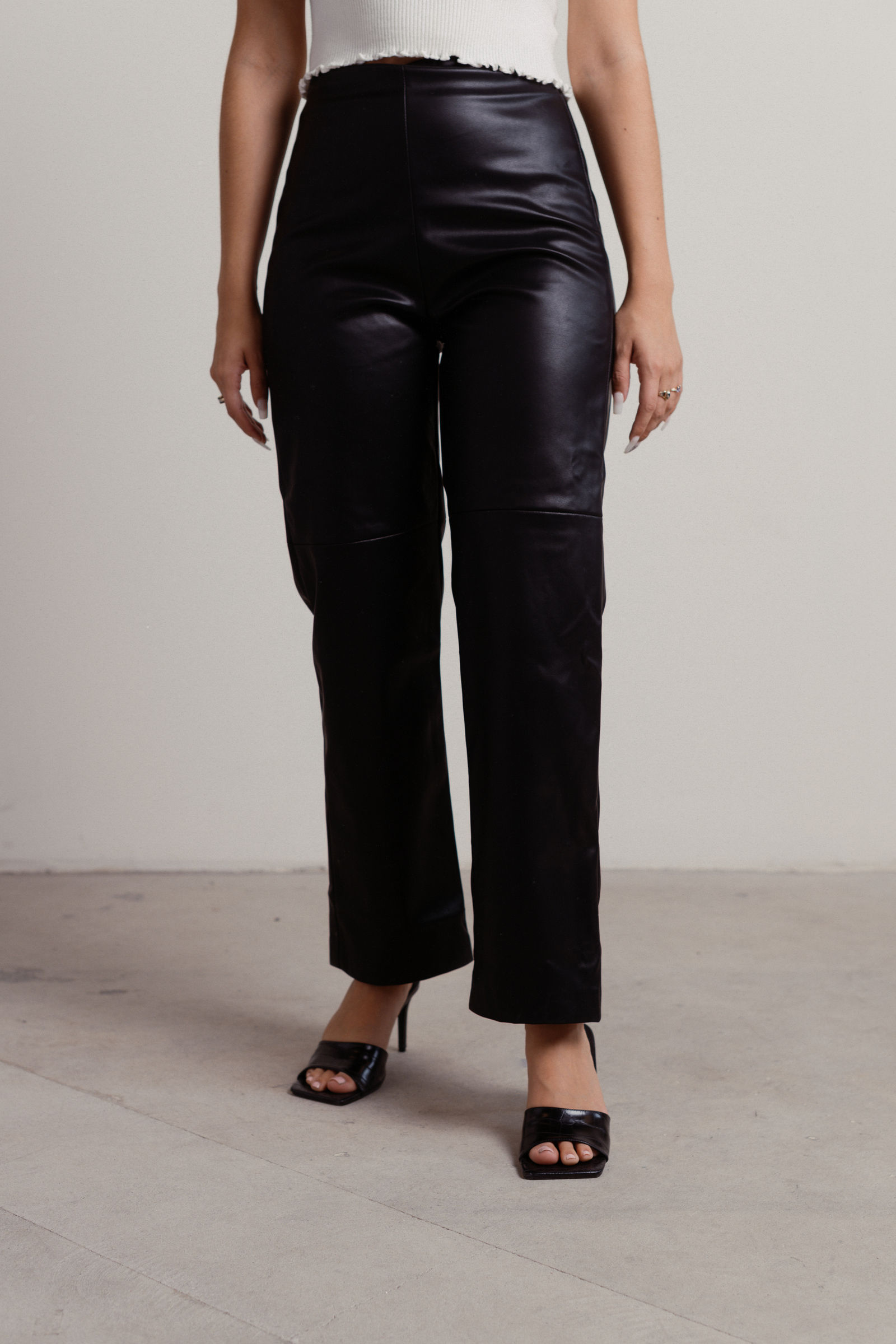 Black Pants - High Waist Pleather Pants - Straight Leg Pants