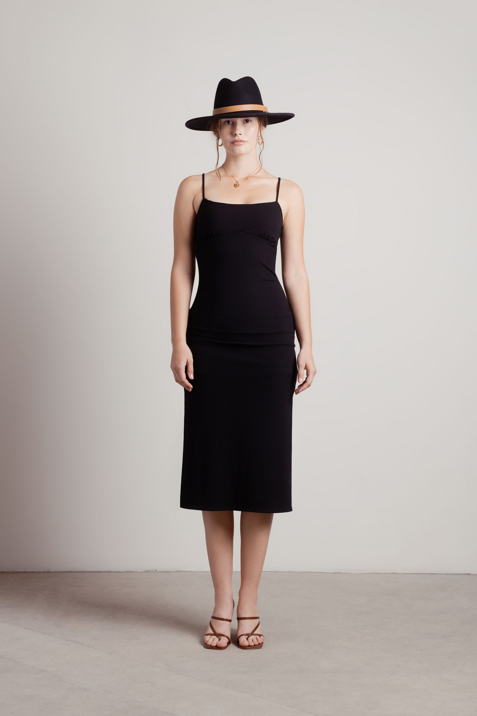 Black Midi Dress - Side Slit Bodycon Dress - Black Cami Dress