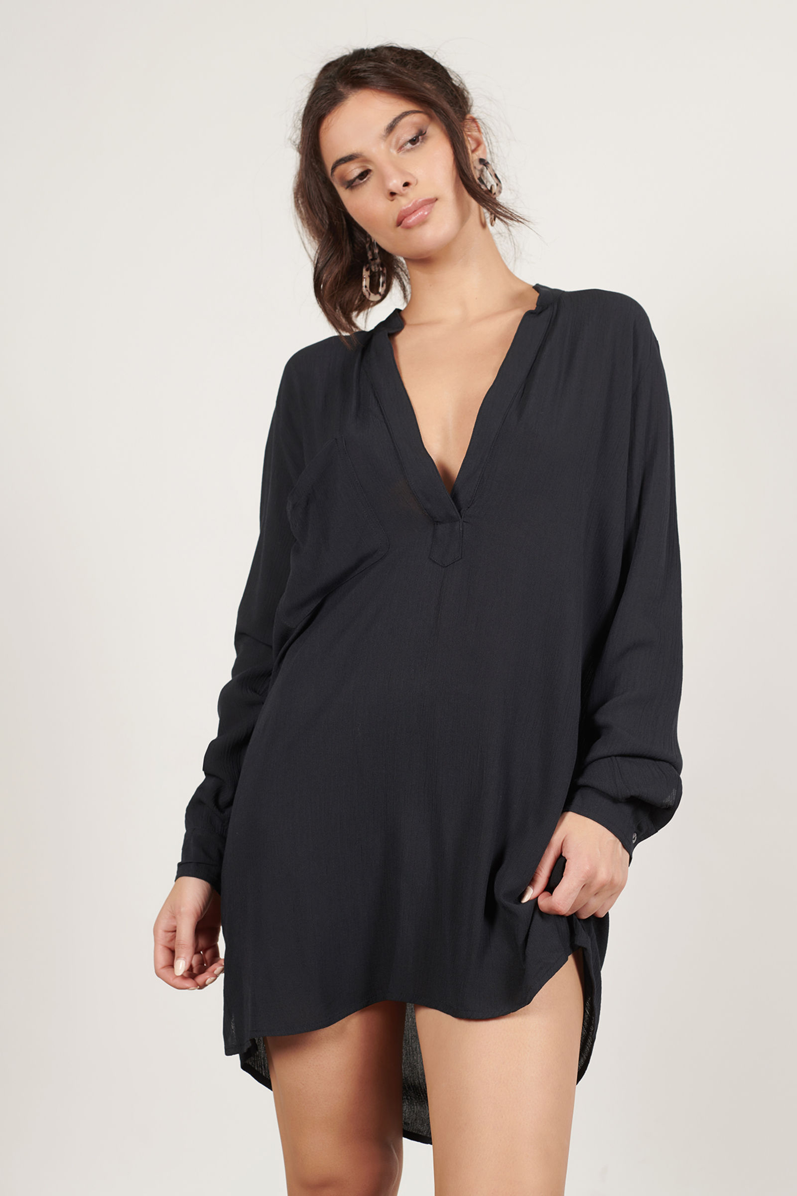 Black Shift Dress - Long Sleeve Dress - Black Slit Dress