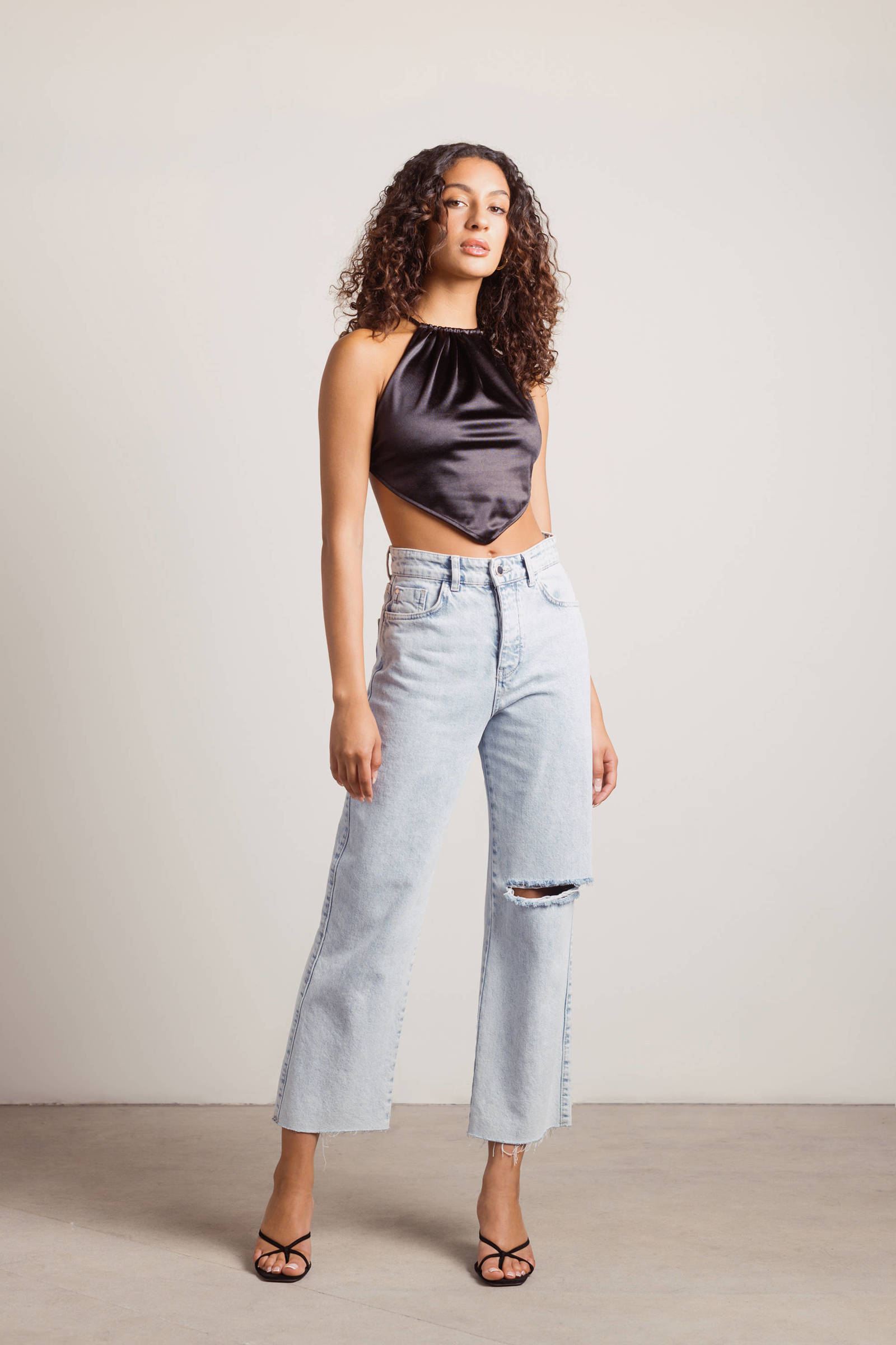 Black Crop Tops - Satin Scarf Crop Tops - Halter Neck Crop Tops