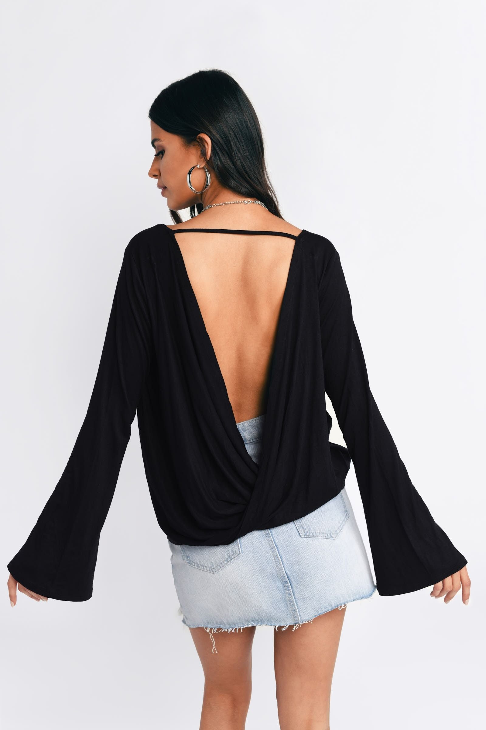 Black Top - Surplice Top With Bell Sleeves - Light Black Top