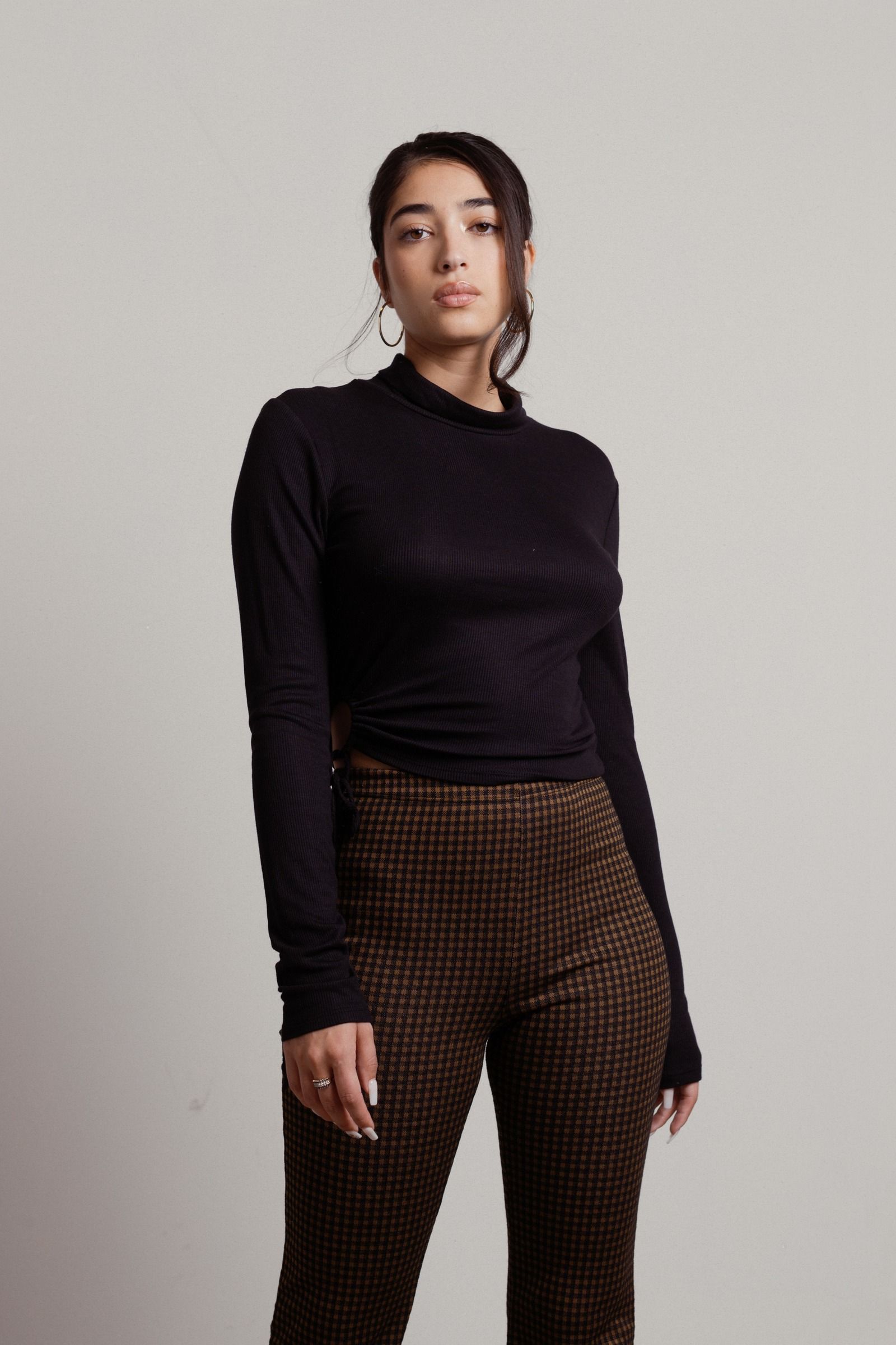 Black Crop Top - Ribbed Mock Neck Crop Top - Side Cut Out Crop Top