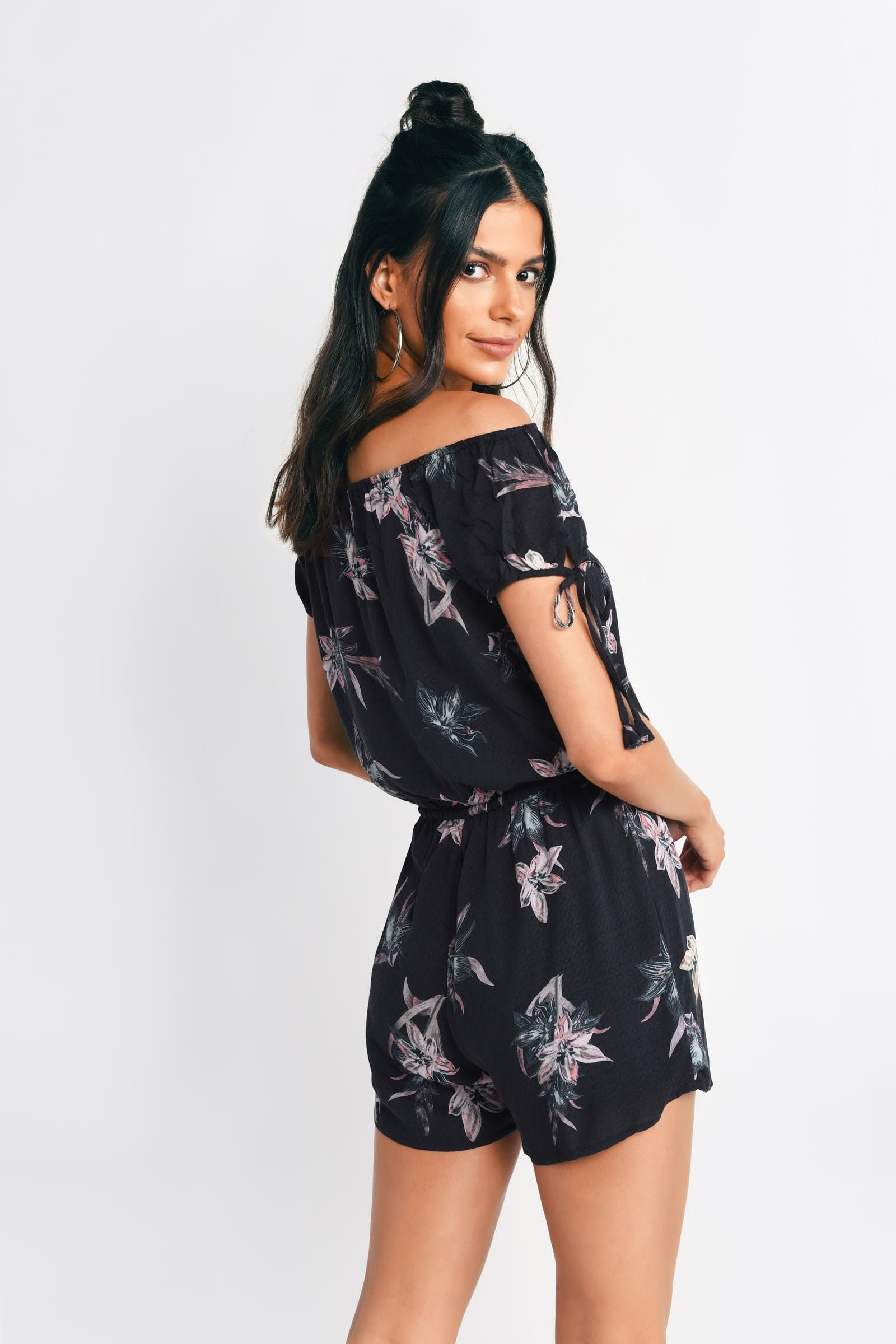 Black Floral Romper - Off Shoulder Waist Tie Romper - Short Sleeve Romper