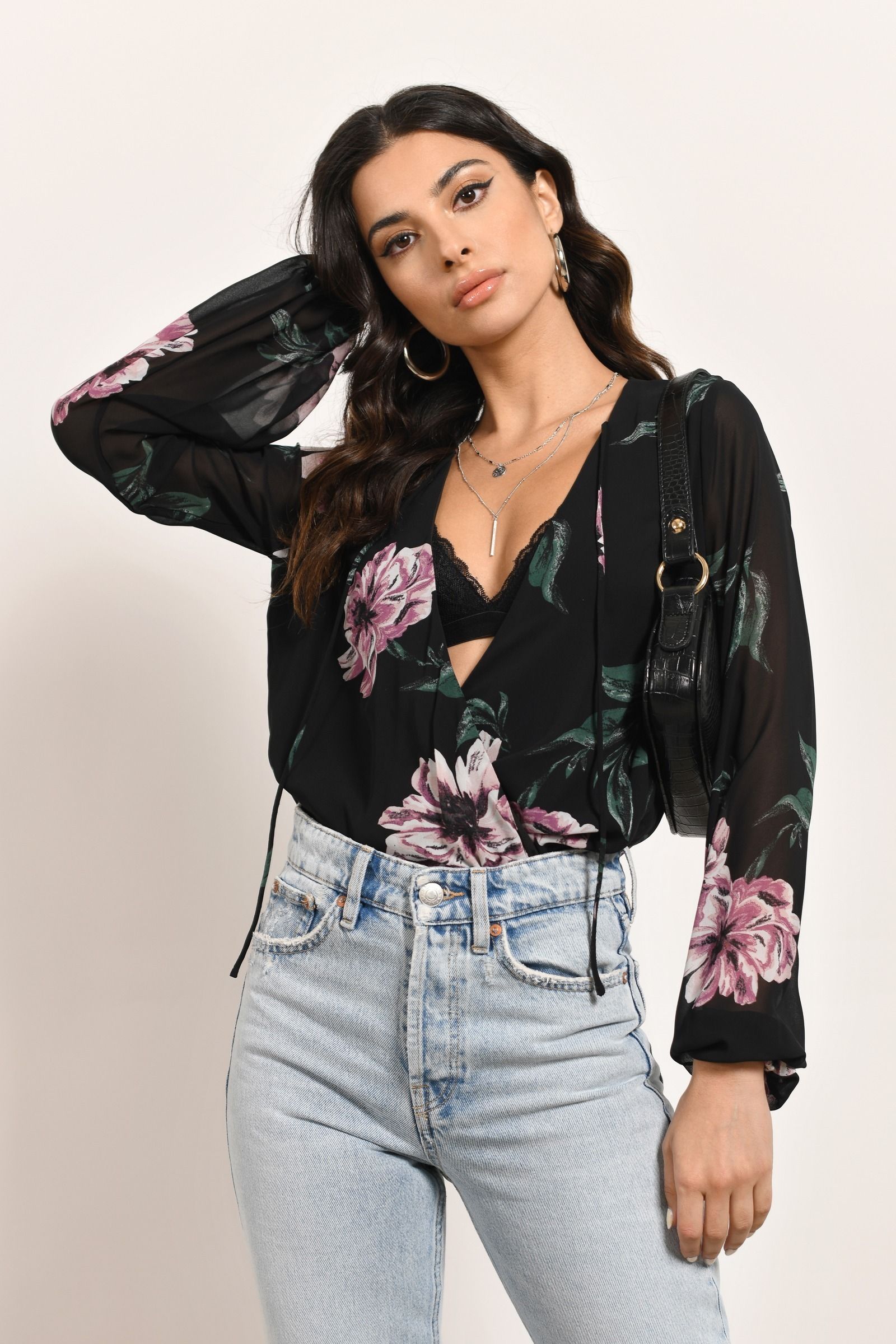 Black Blouse - Floral Wrap Blouse - Black Plunge Surplice Blouse