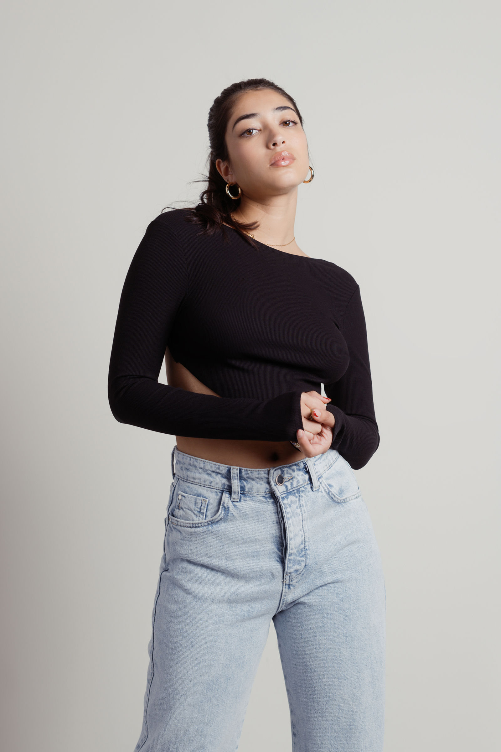 White Long Sleeve Crop Top - White Open Back Top