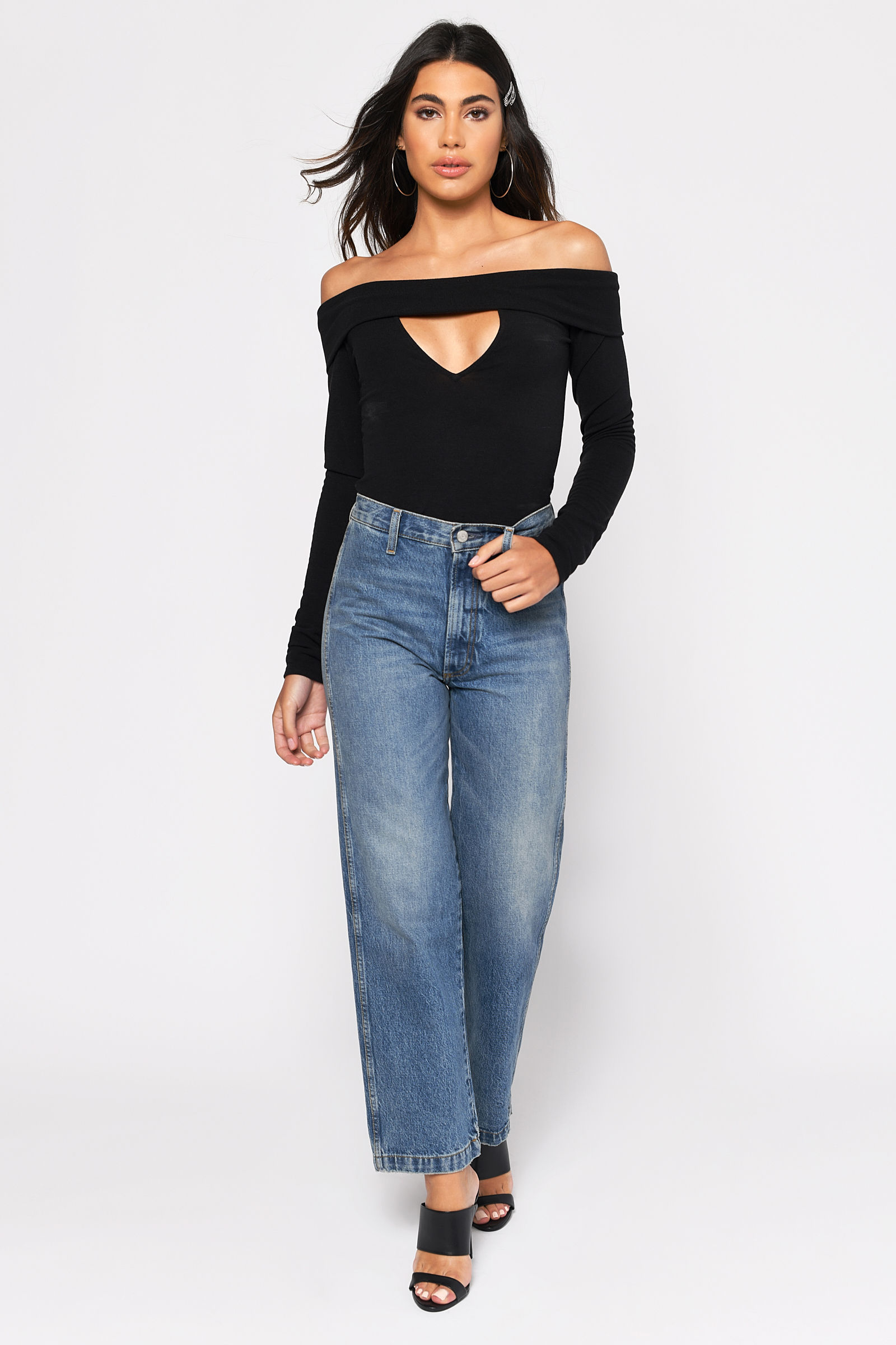 Black Top - Long Sleeve Top - Black Off Shoulder Keyhole Top