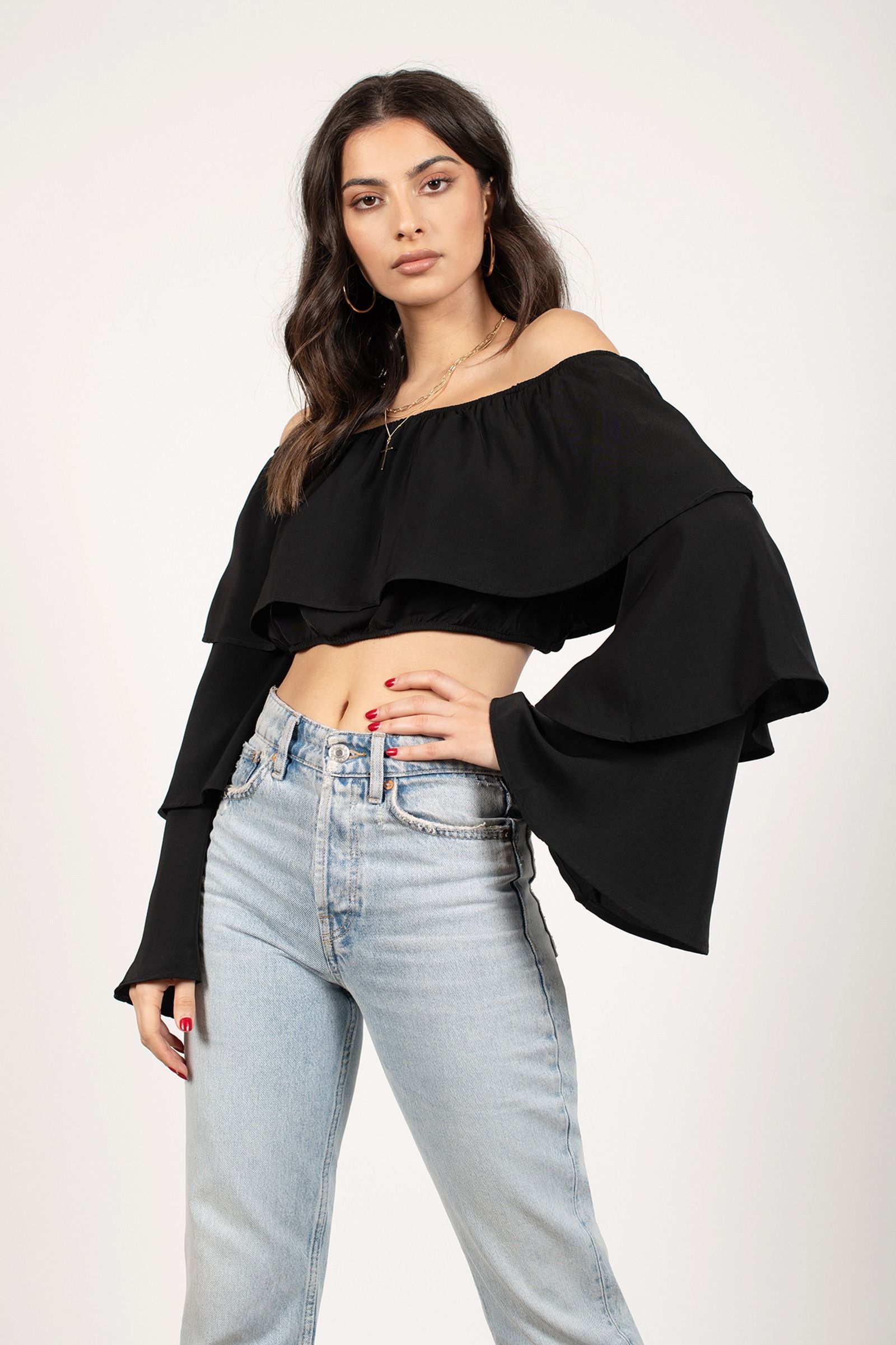 Trendy Black Crop Top - Off Shoulder Crop Top - Black Ruffled Crop Top