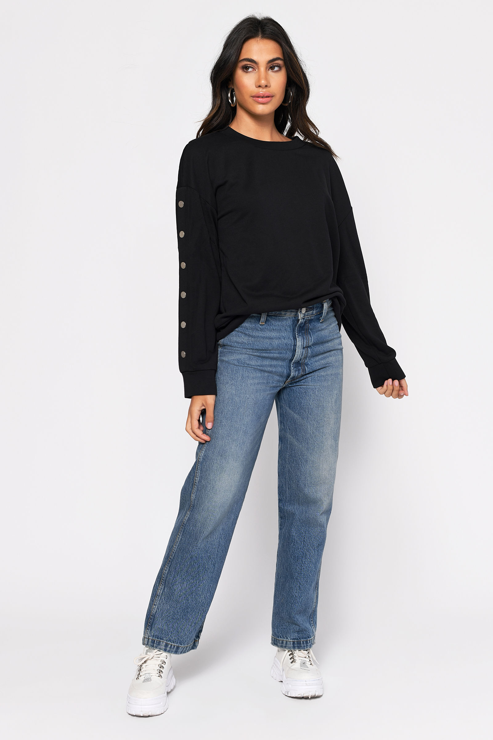 Black Sweatshirt - Comfortable Sweater - Black Button Sweater