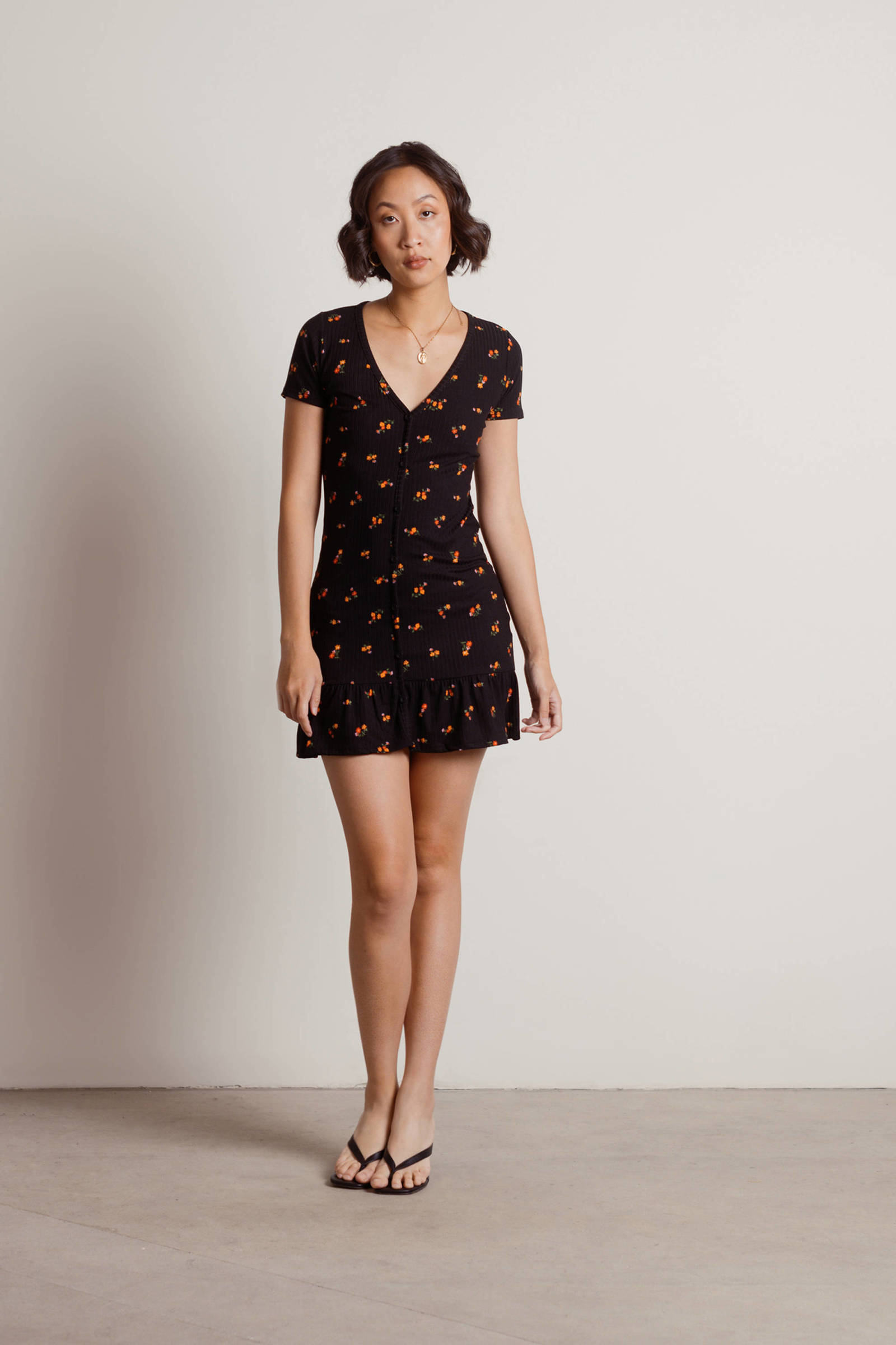 Black Floral Dress - Ribbed Bodycon Dress - Button Mini Dress