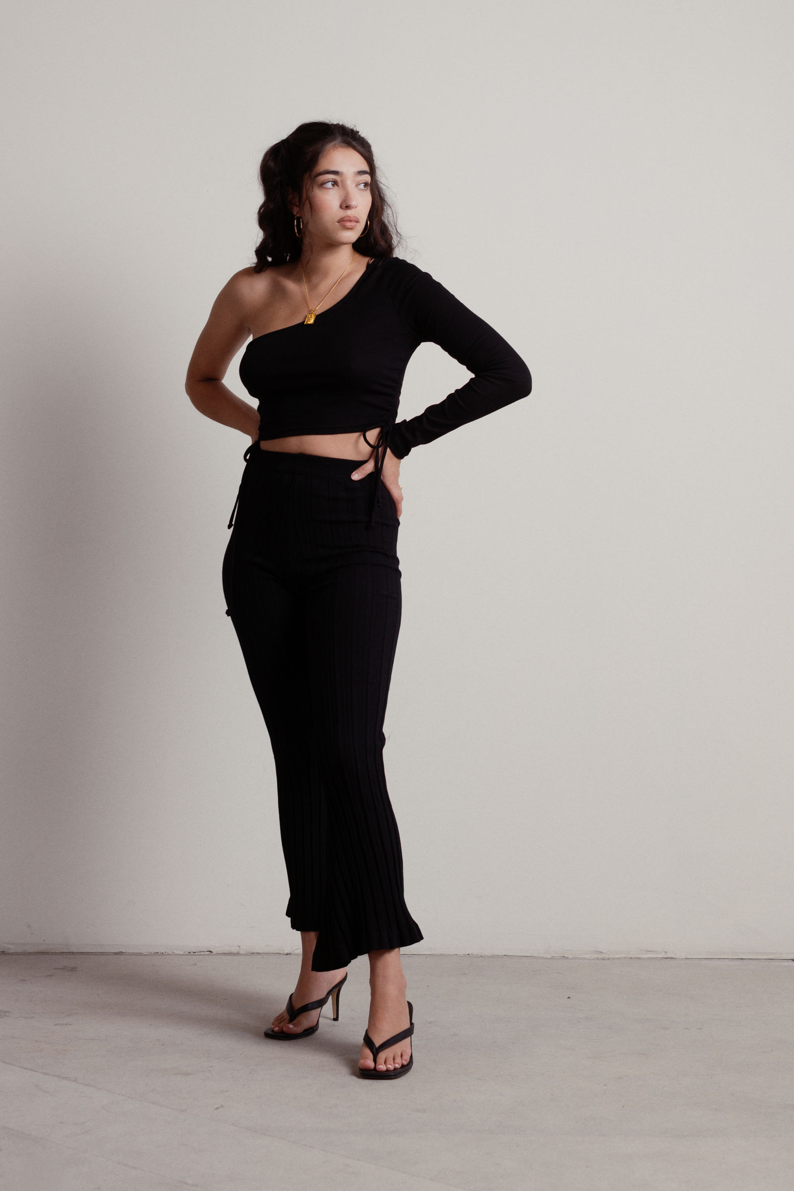Black One Shoulder Crop Top - One Long Sleeve Crop Top - Side Ruched Top