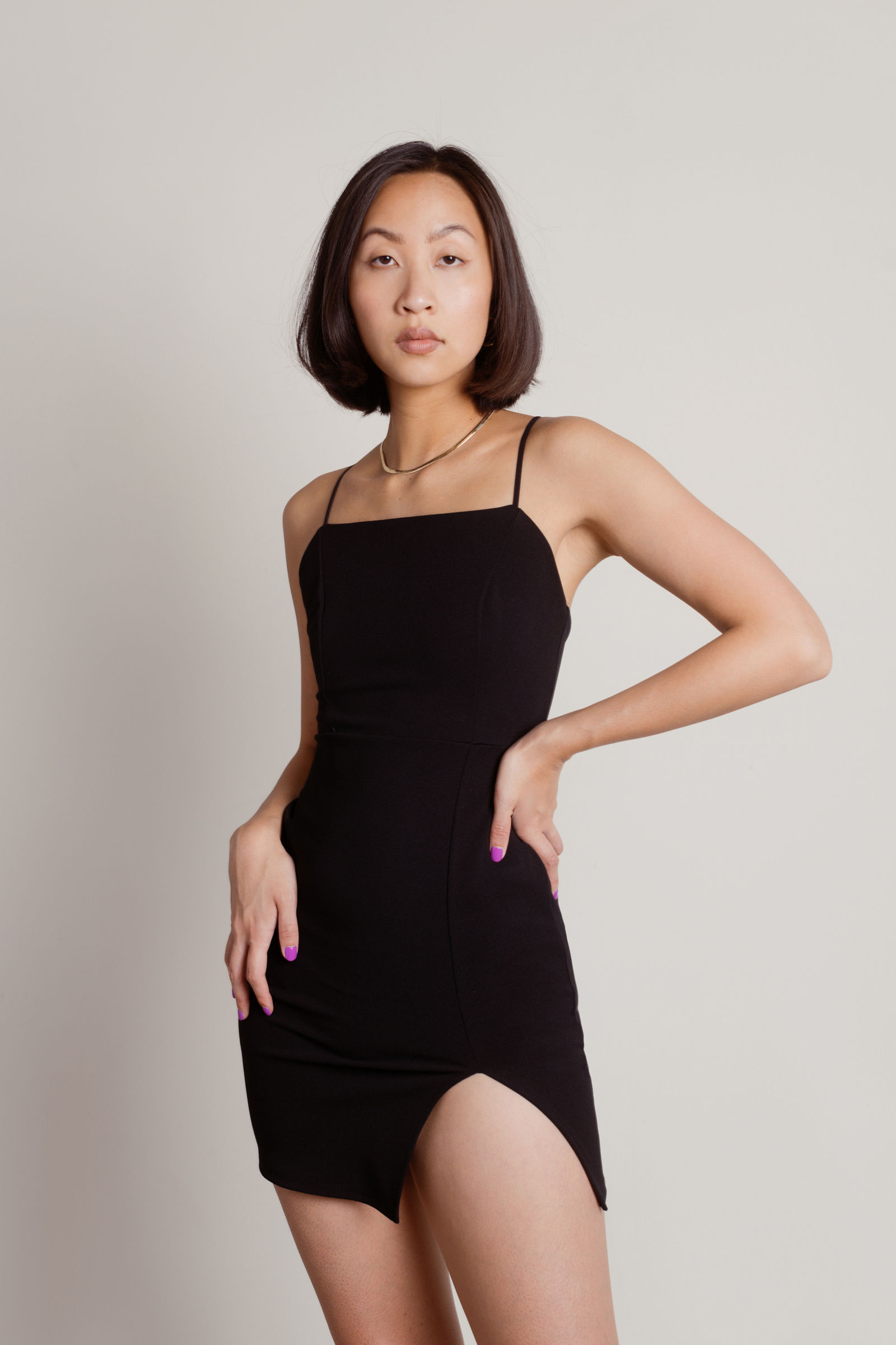 Black Mini Dress - Slit Bodycon Dress - Strappy Mini Dress
