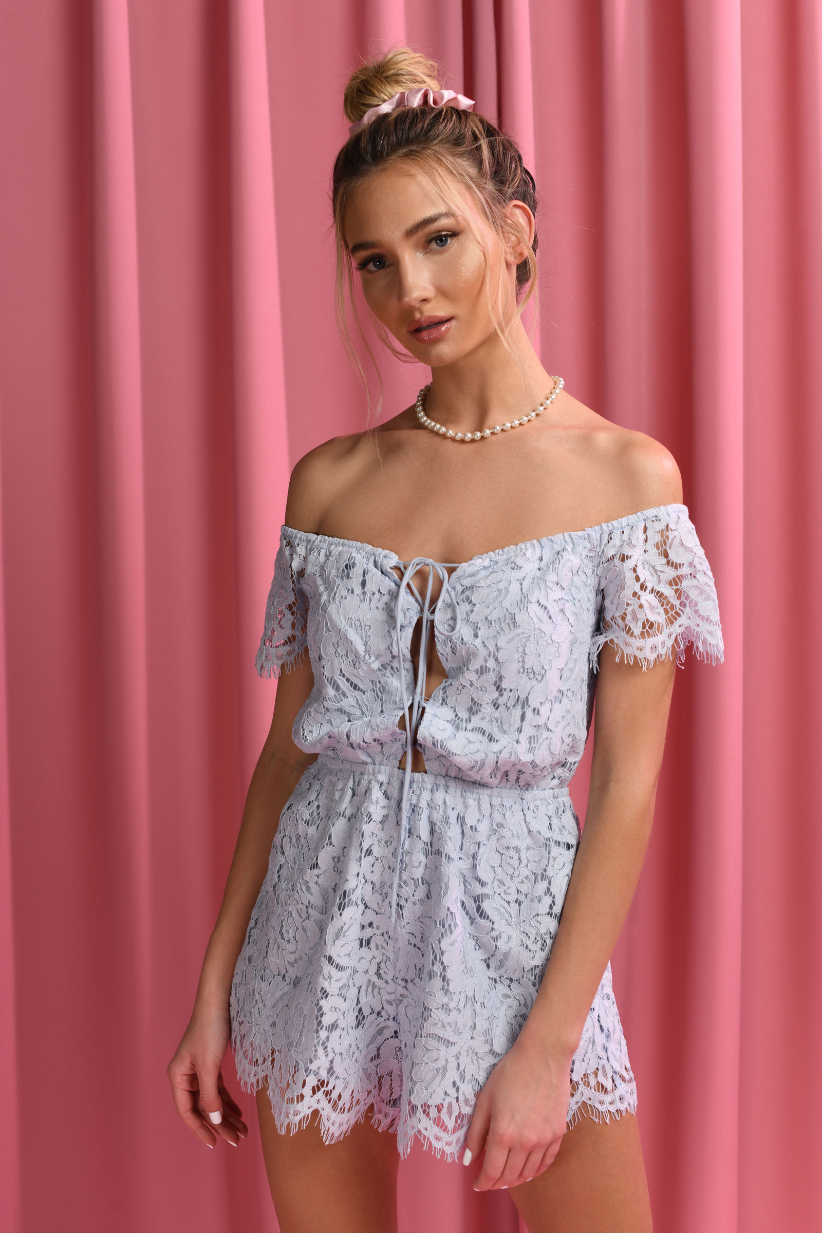 Blue Romper - Off Shoulder Lined Romper - Cute Front Lace Up Romper