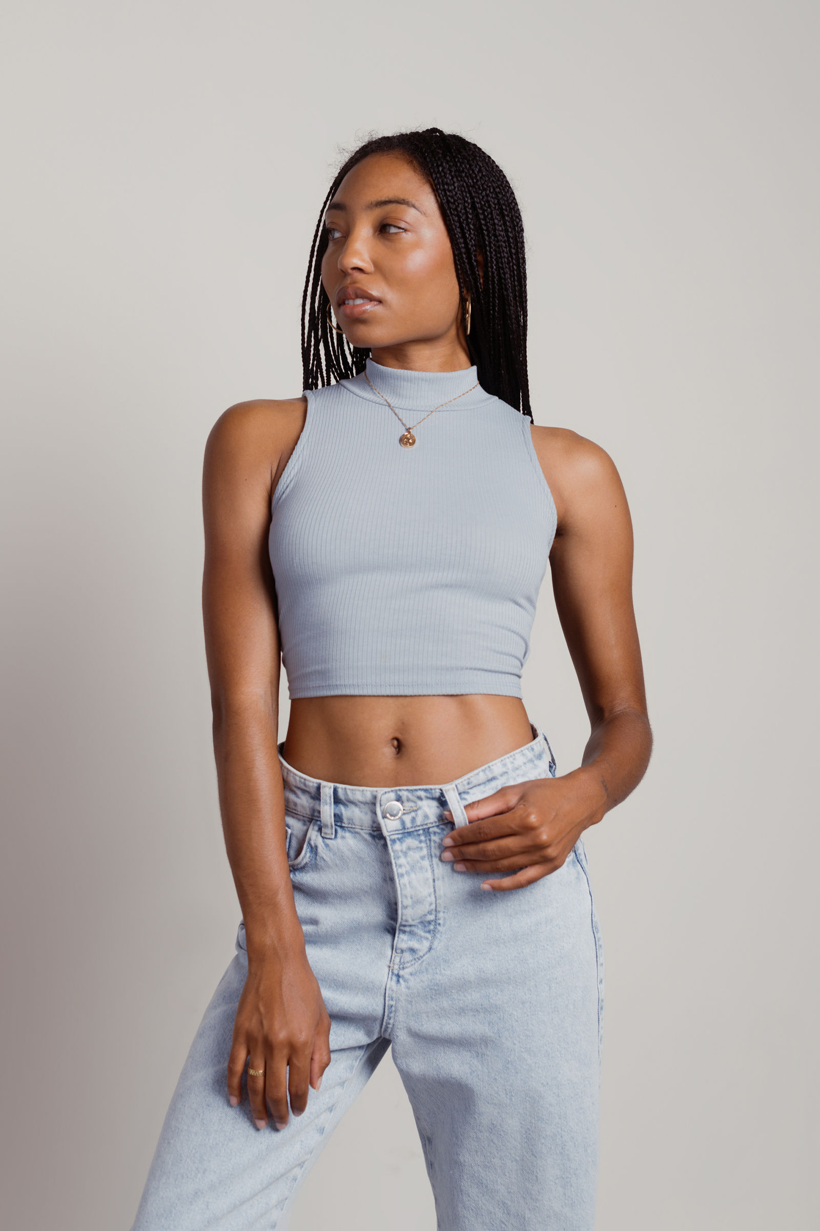 White Crop Top - Open Back Mock Neck Crop Top - Ribbed Back Strap Crop Top