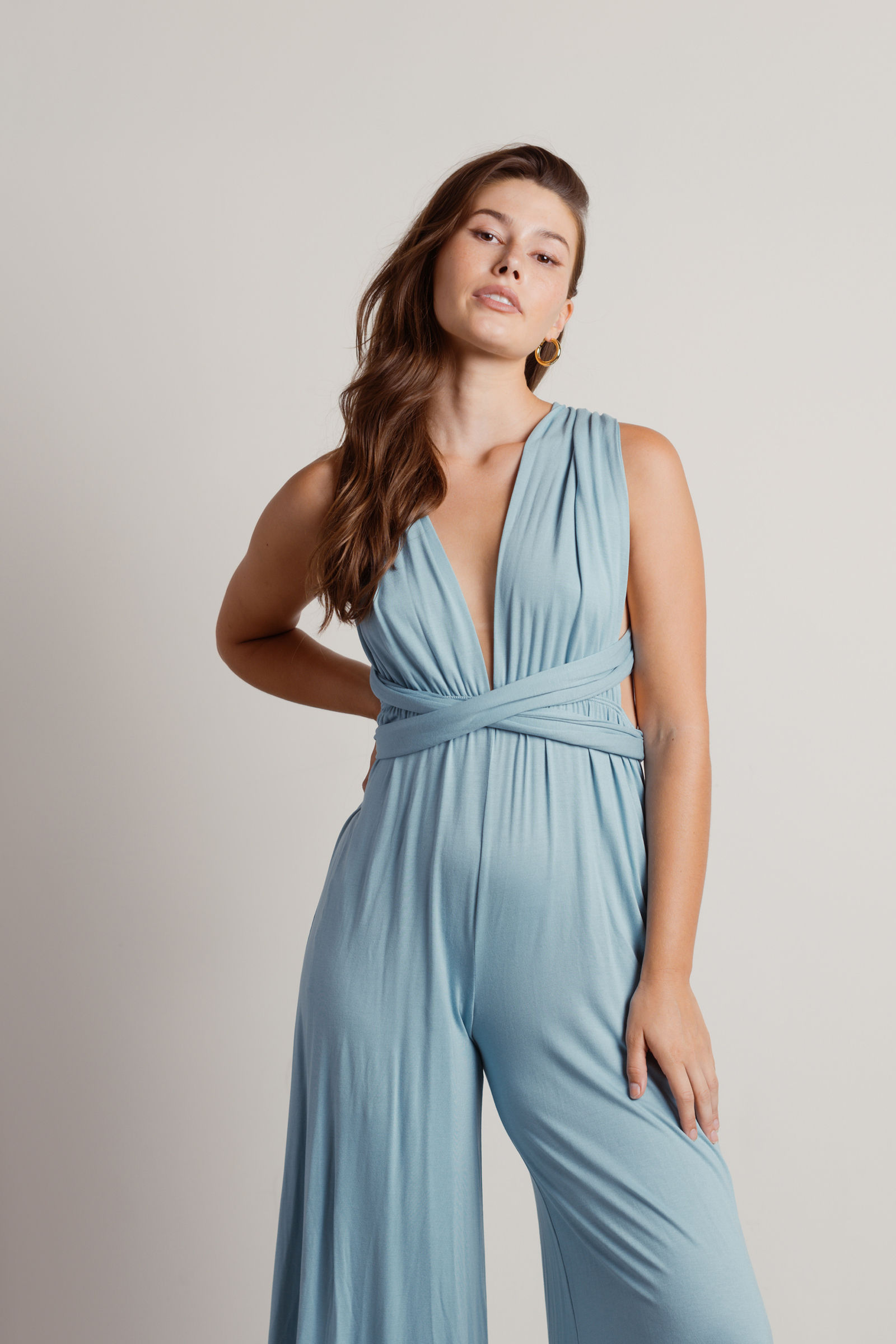 Blue Convertible Jumpsuit - Deep V Open Back Jumpsuit - Wide Leg Jumpsuit