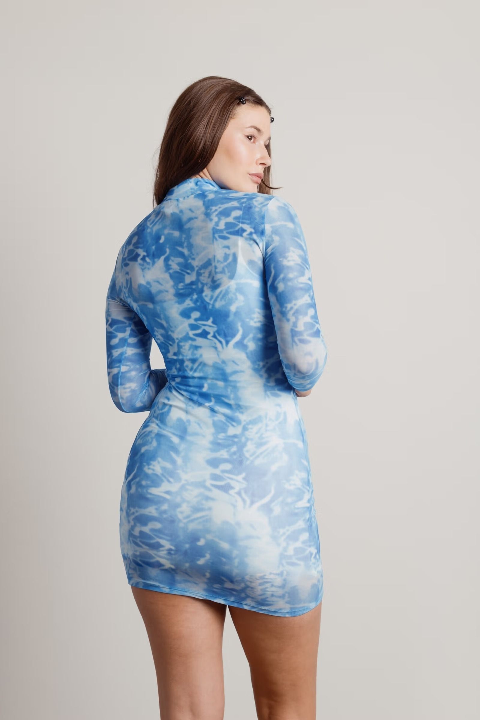 Blue Mesh Dress - Sheer Bodycon Dress - Mini Dress