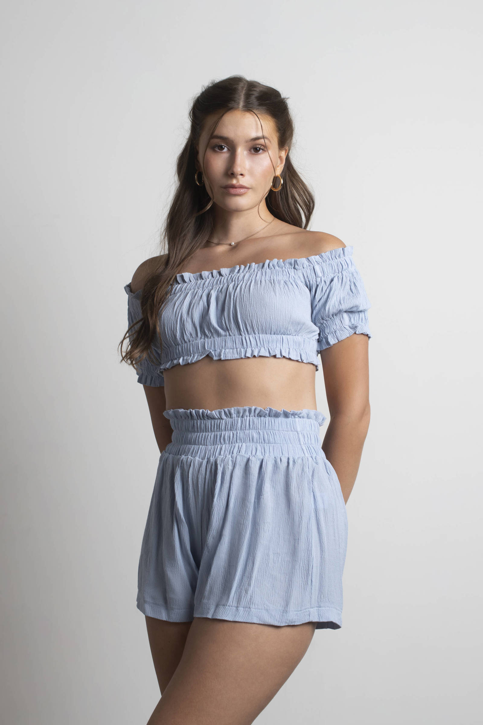 Light Blue 2-Piece Set - Off Shoulder Top - Blue Shorts