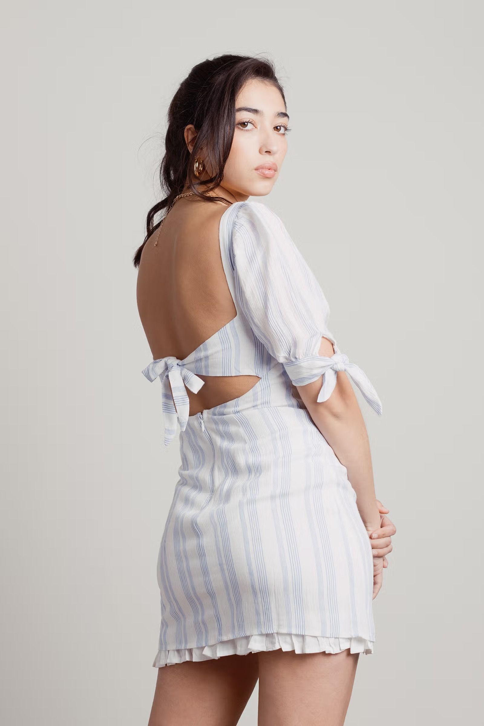 White & Blue Dress - Striped Mini Dress - White Puff Sleeve Dress