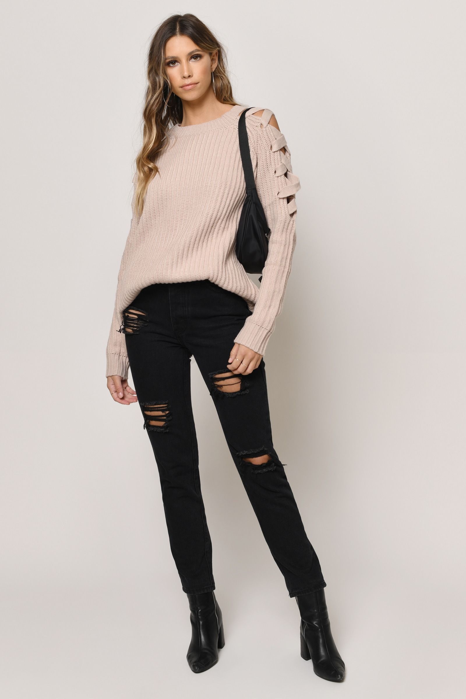 Pink Sweater - Lace Up Shoulder Sweater - Blush Long Sweater