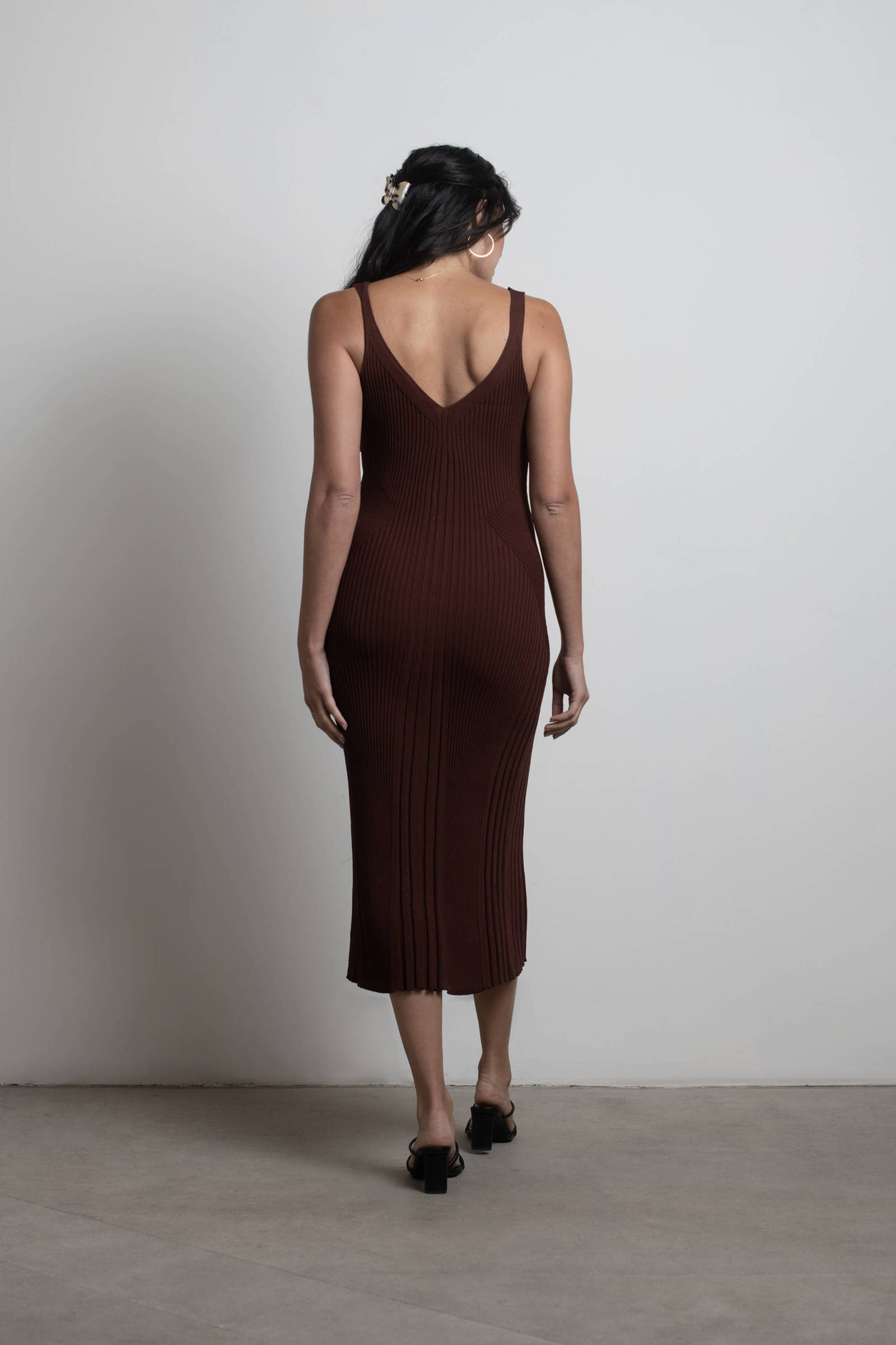 Brown Midi Dress - Basic Ribbed Bodycon - Brown Dress