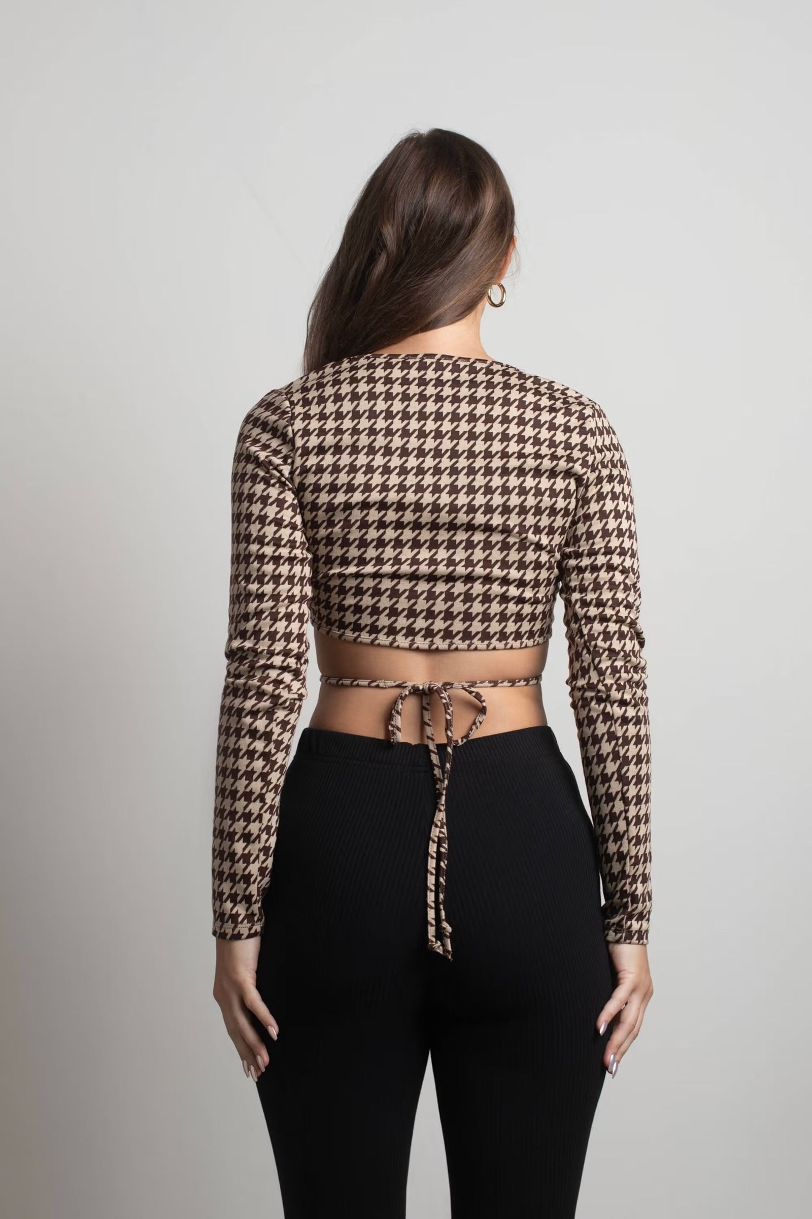 Brown Houndstooth Crop Top - Criss Cross Tie Top - Long Sleeves