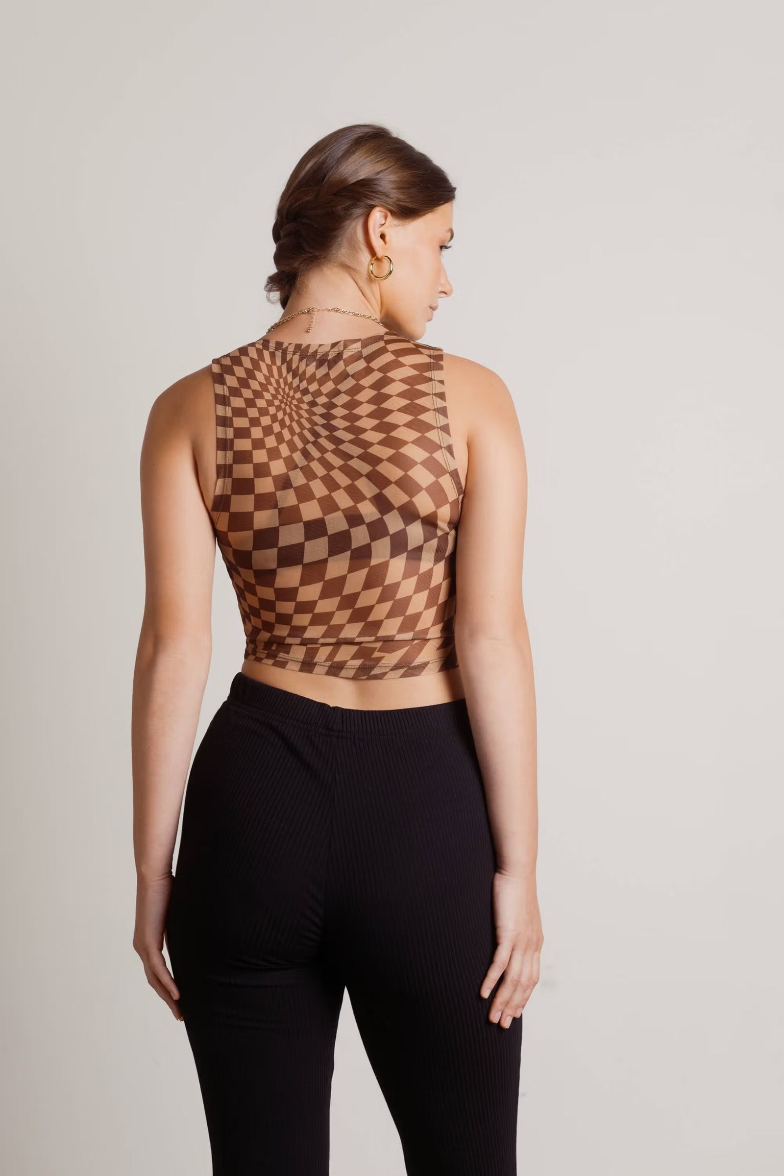 Brown Checkered Tank Top - Sheer Mesh Tank Top - Exposed Seam Top