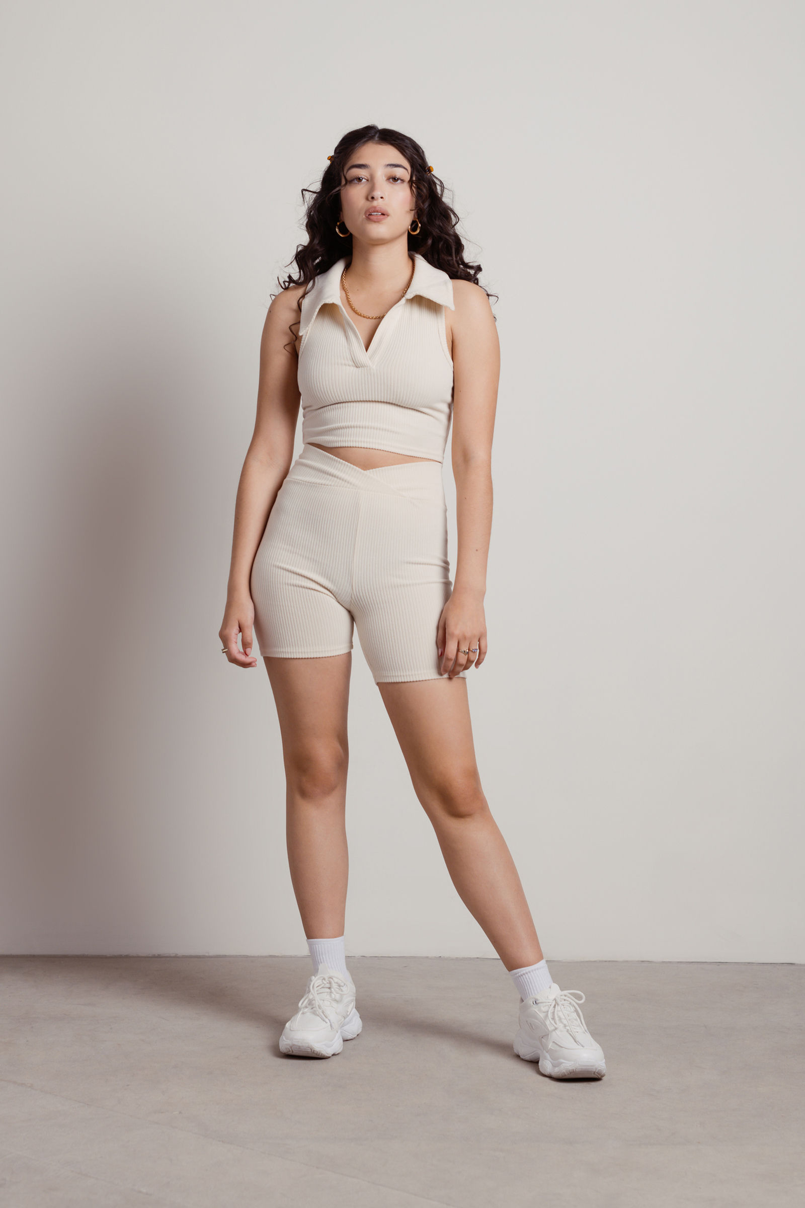 Cream Crop Top Set - Cream Shorts - Ribbed Crop Top