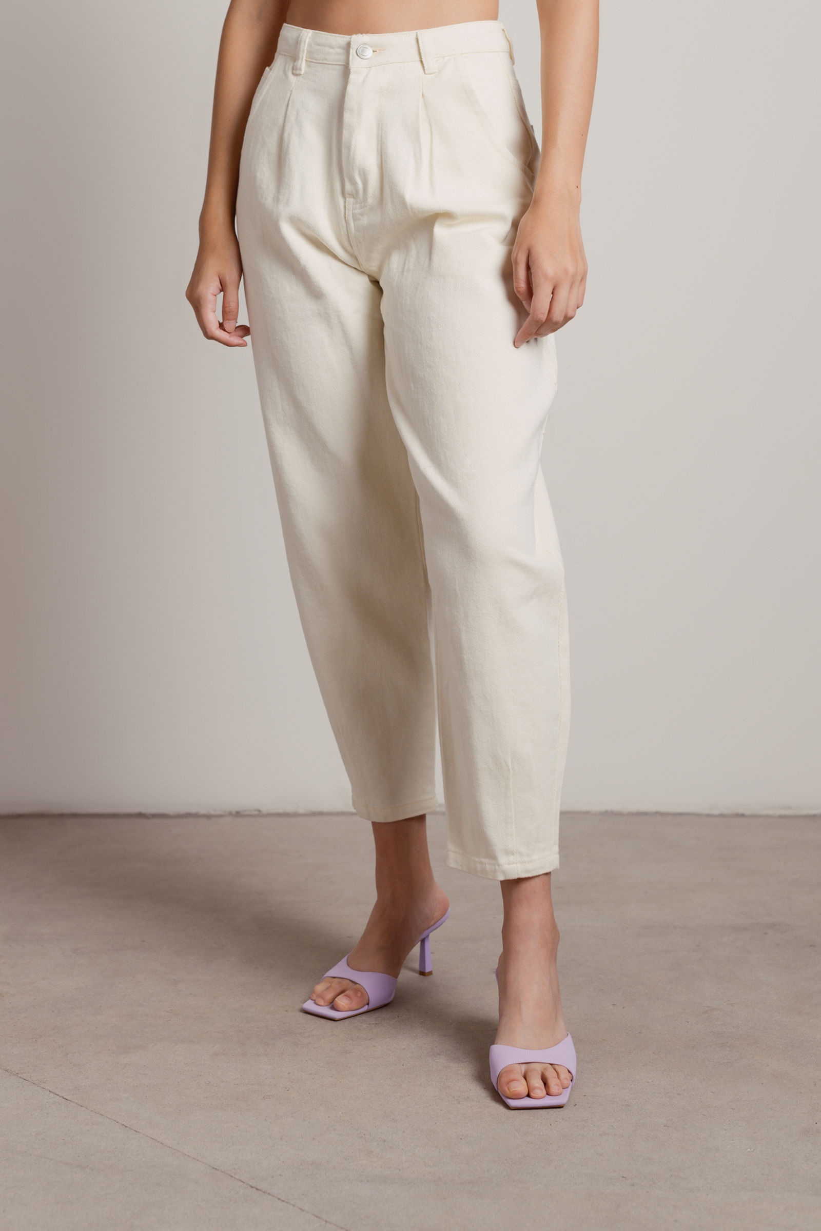 Cream High Waisted Jeans - Khaki Tapered Pants - Ankle Length Jeans