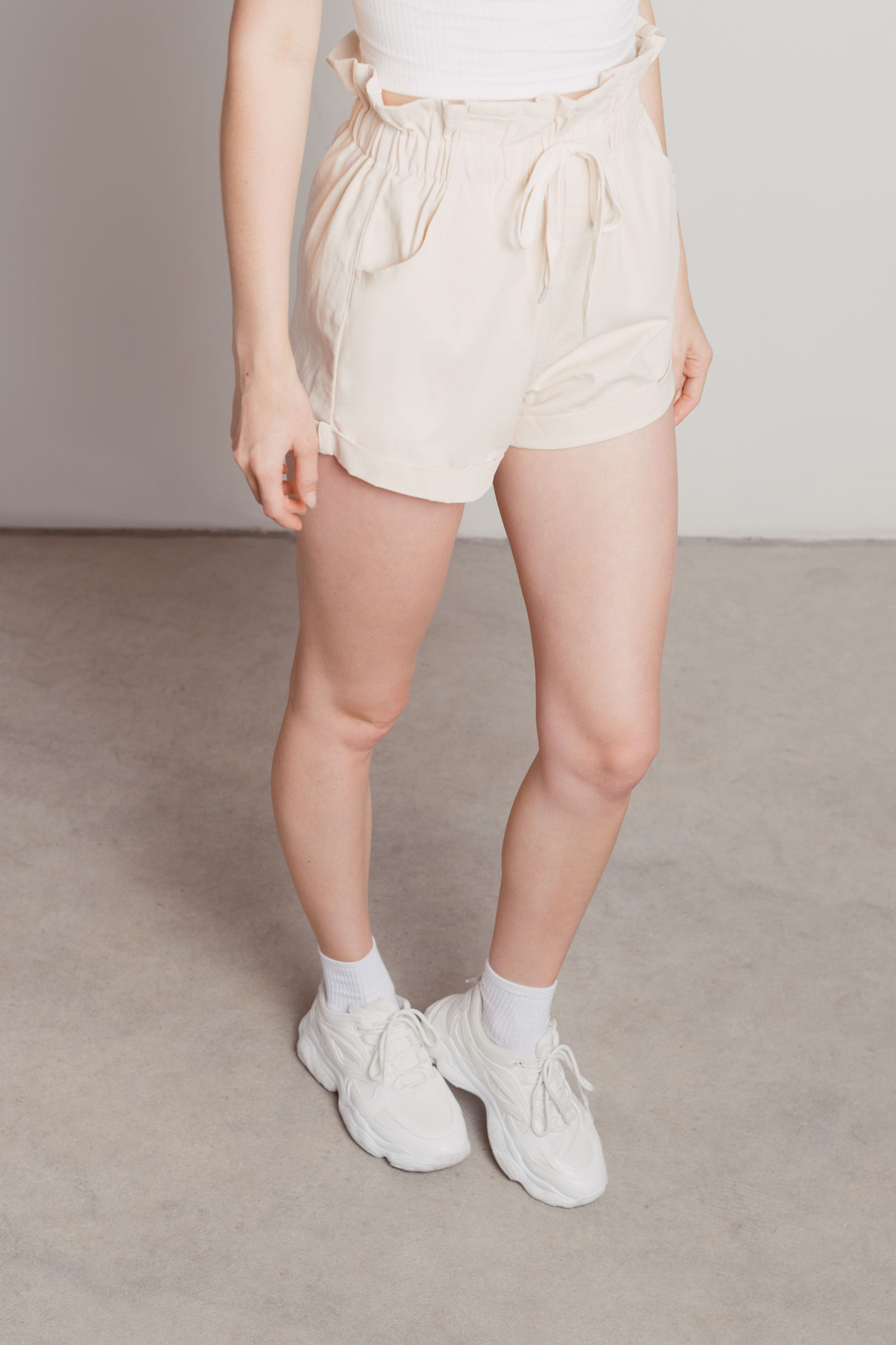 White Shorts - Waist Tie Double Pockets Shorts -White Paperbag Shorts