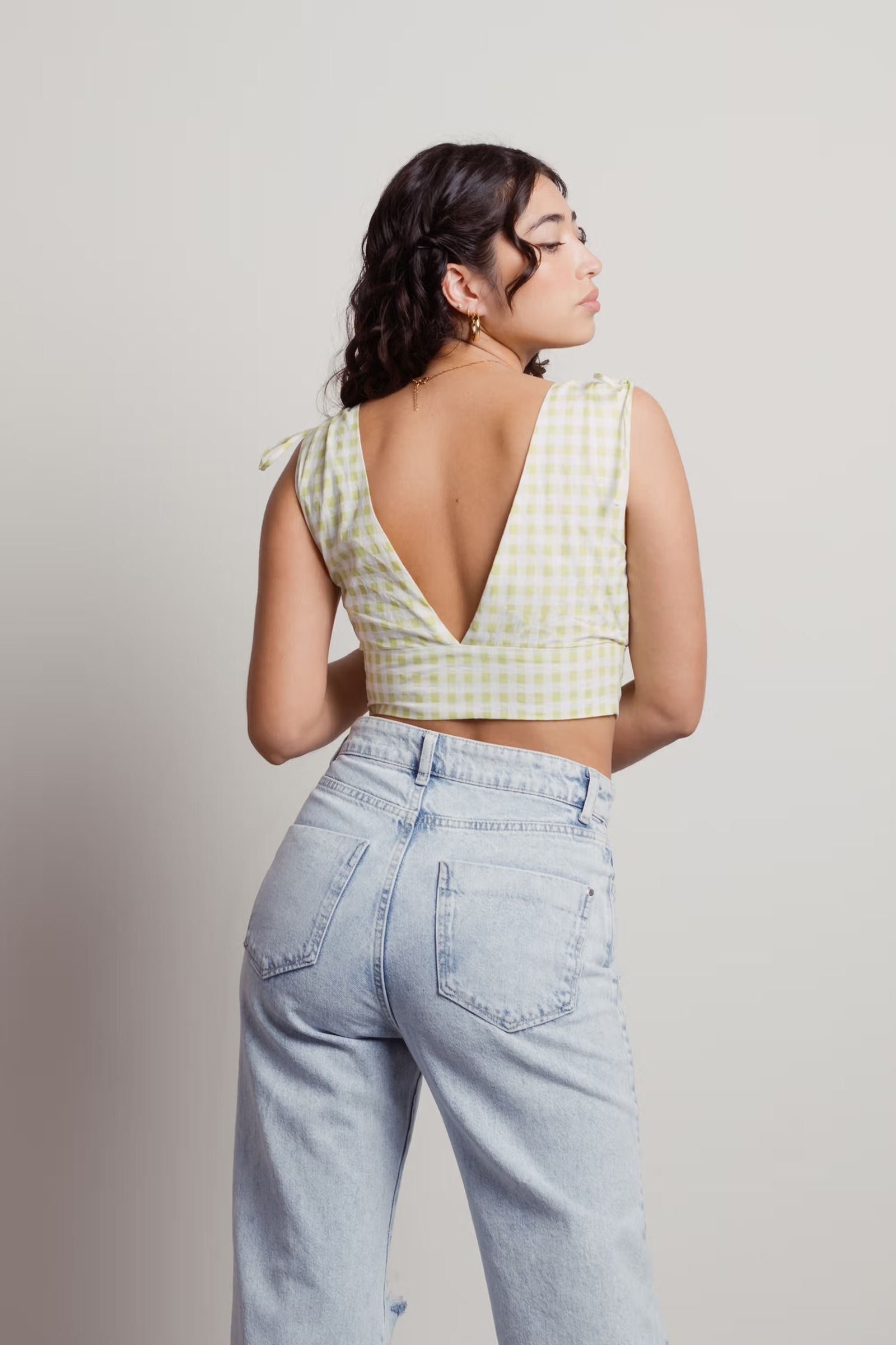 Green Crop Top - Gingham Top - Cute Ruched Top