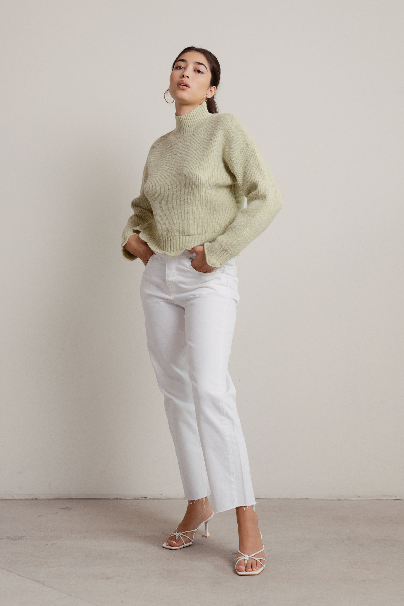 Blue Sweater - Ribbed Mock Neck Sweater - Scallop Hem Sweater