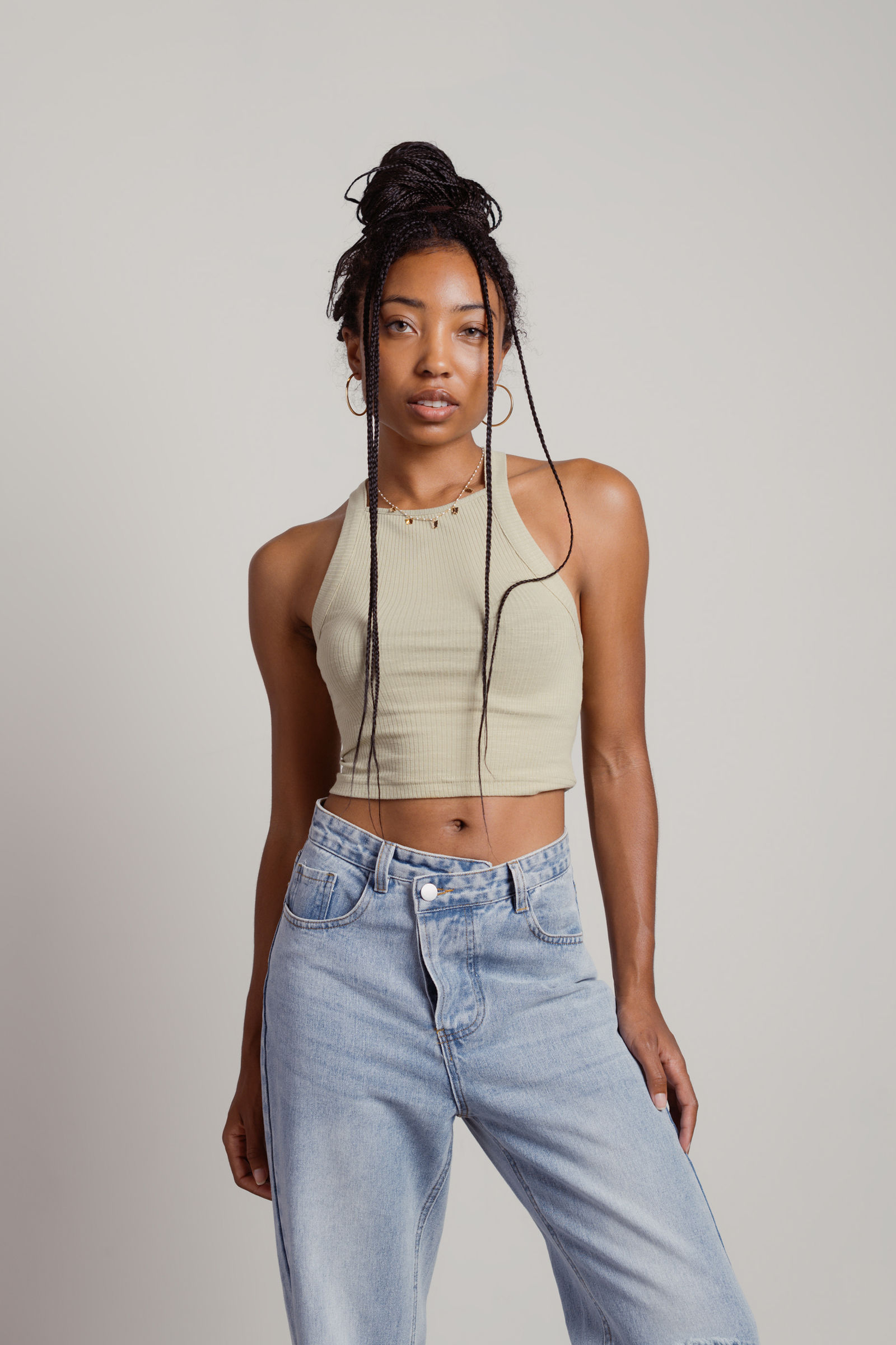 Off White Crop Top - Ribbed Halter Crop Top - High Neck Racerback Crop Top