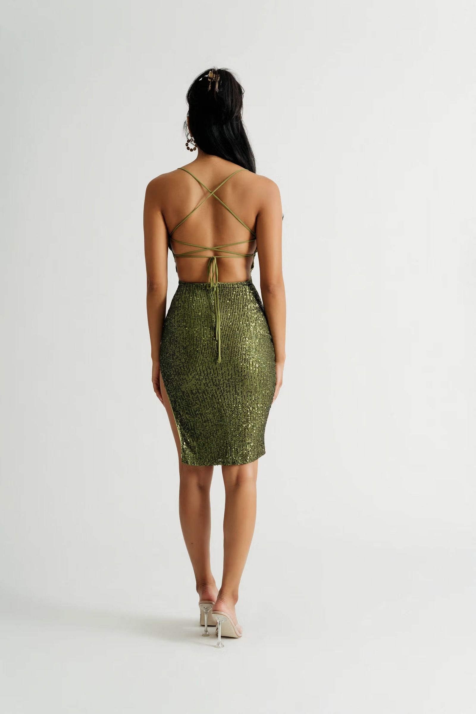 Green Sequin Short Dress - Bodycon Sequin Dress - Fitted Slit Dress