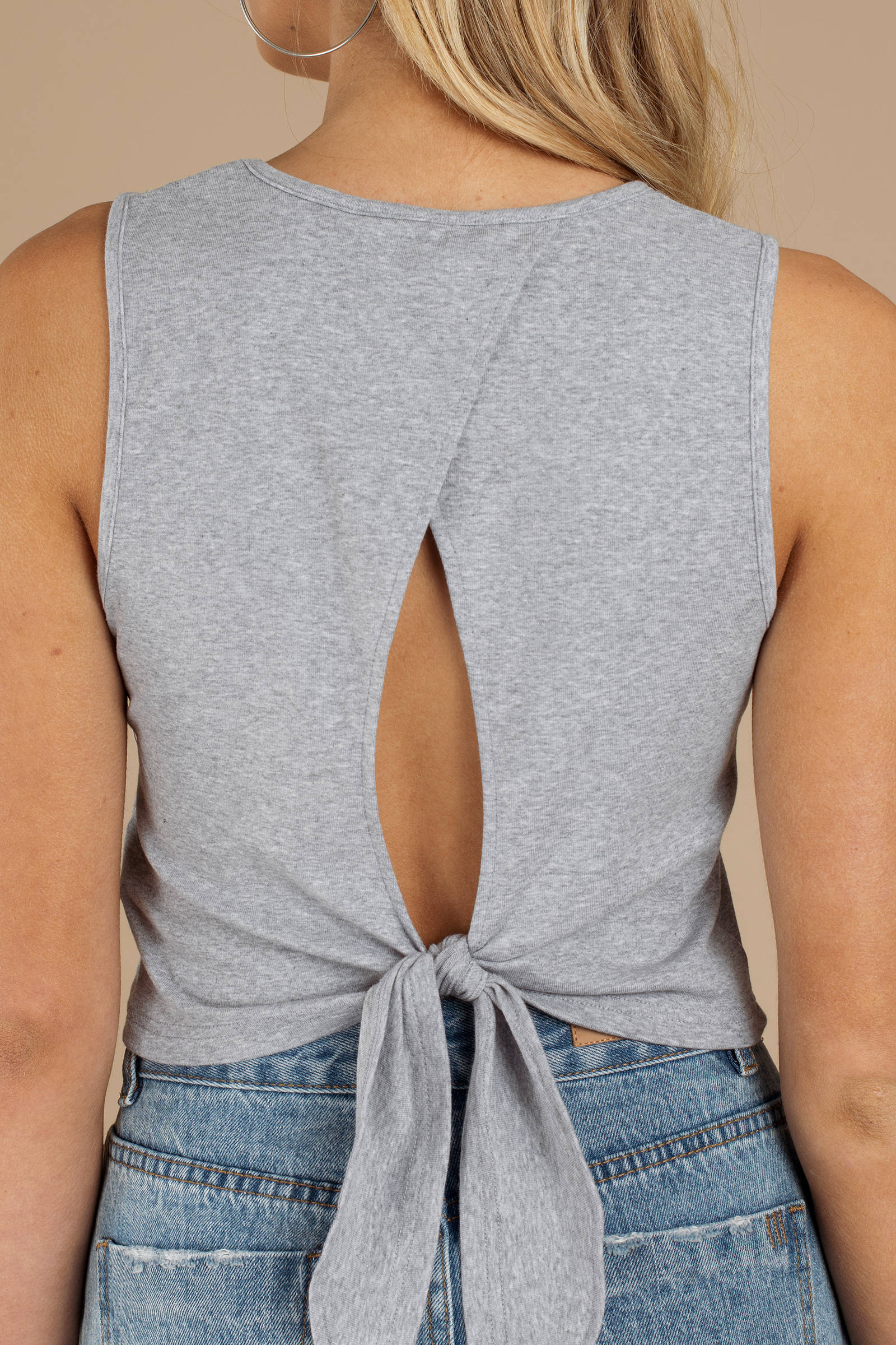 Grey Tank Top - Back Tie Crop Top - Grey Cutout Tank Top