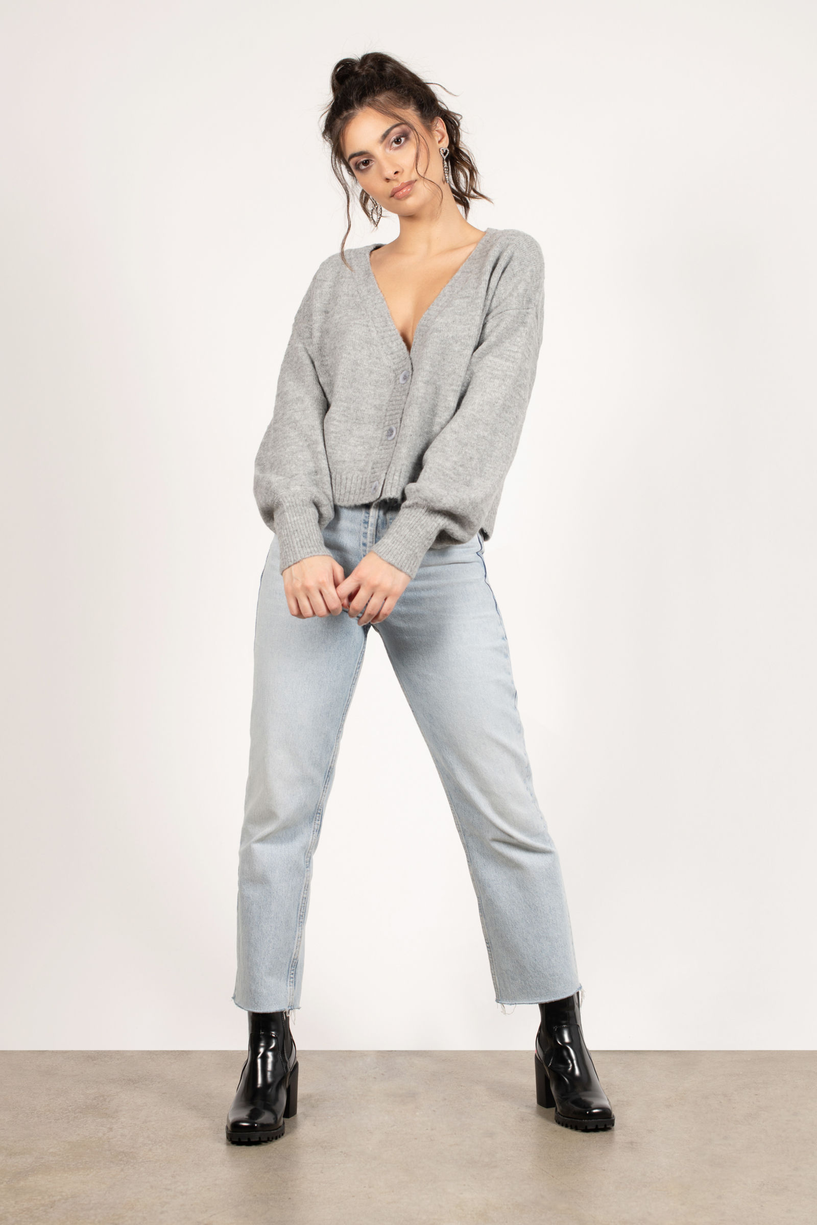 Grey Cardigan - Sweater Cardigan - Three Front Buttons Cardigan