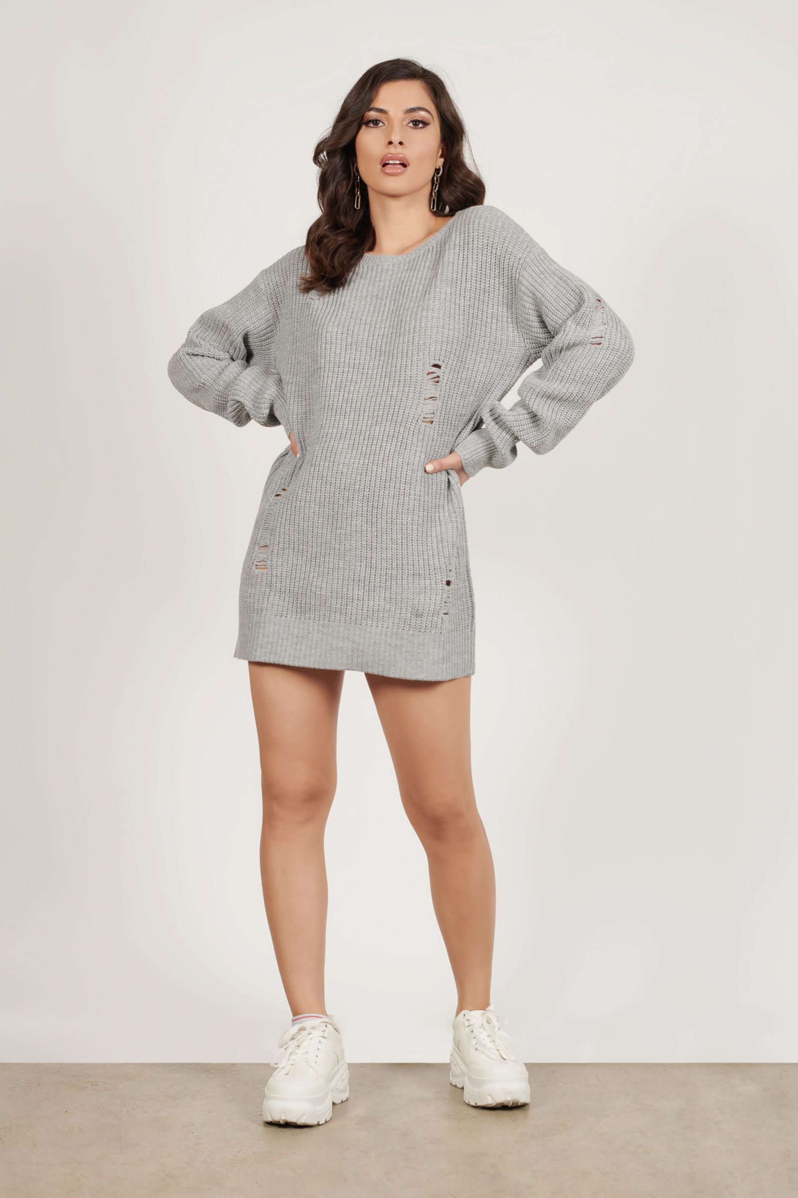 Heather Grey Dress - Distressed Dress - Grey Long Sleeve Dress