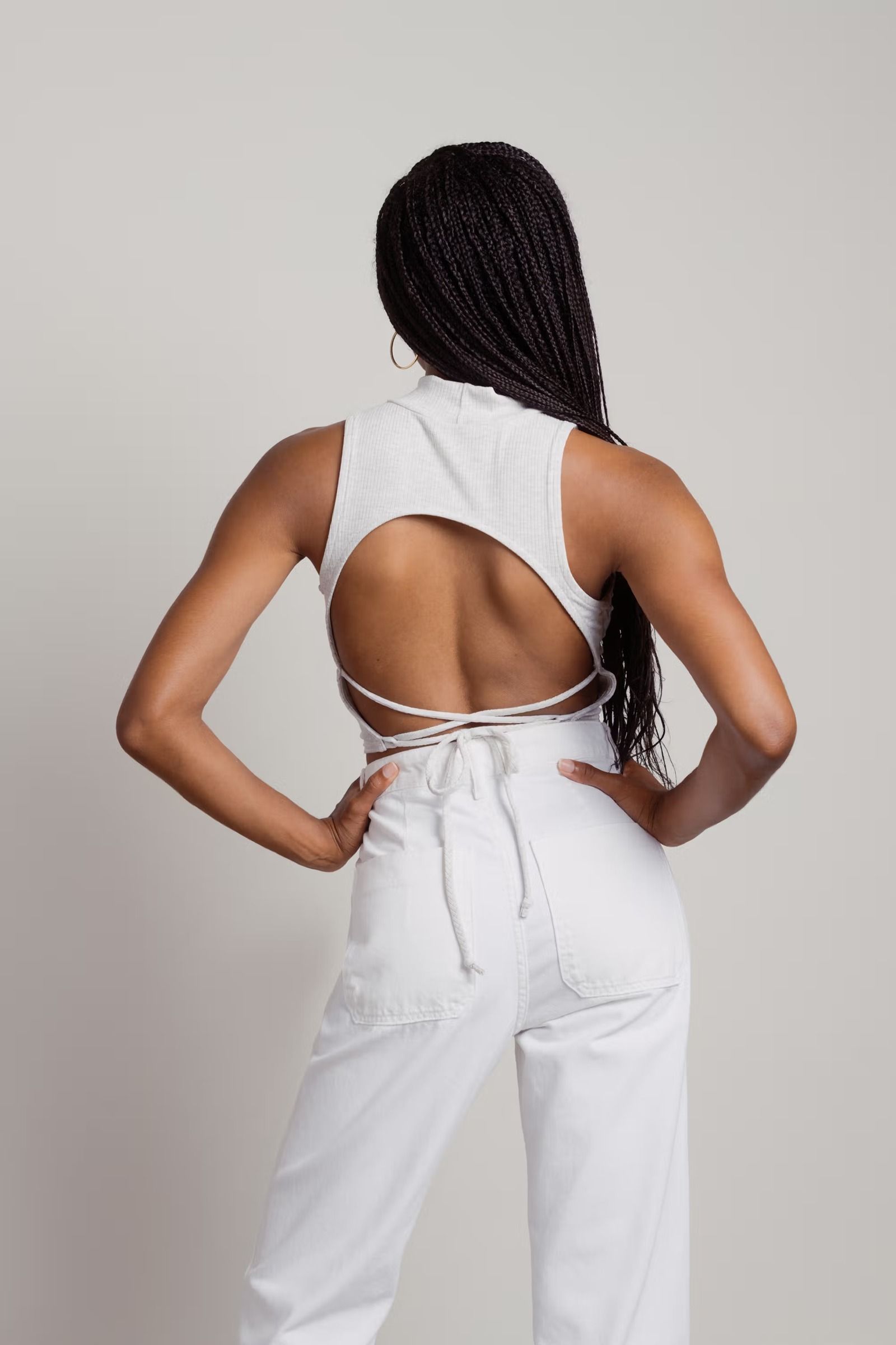 White Crop Top - Open Back Mock Neck Crop Top - Ribbed Back Strap Crop Top