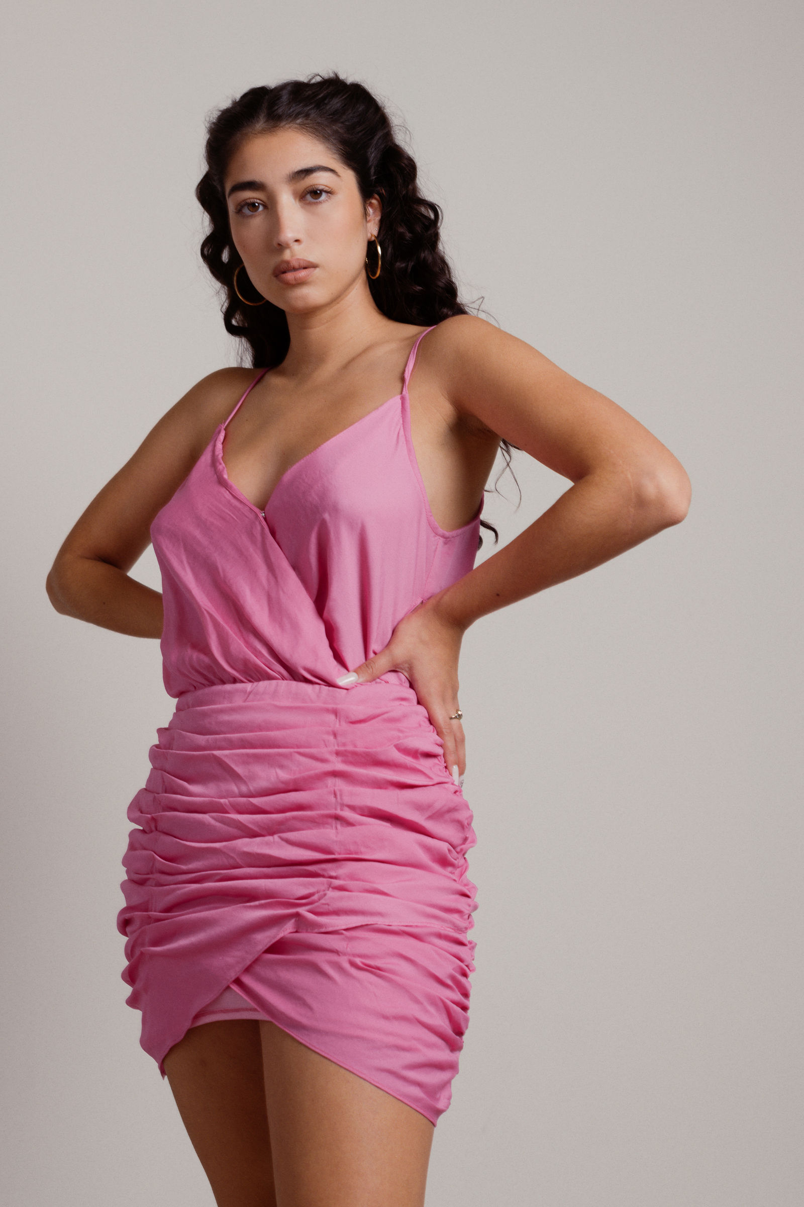 Pink Ruched Bodycon Dress - V-Neck Dress - Wrap Dress