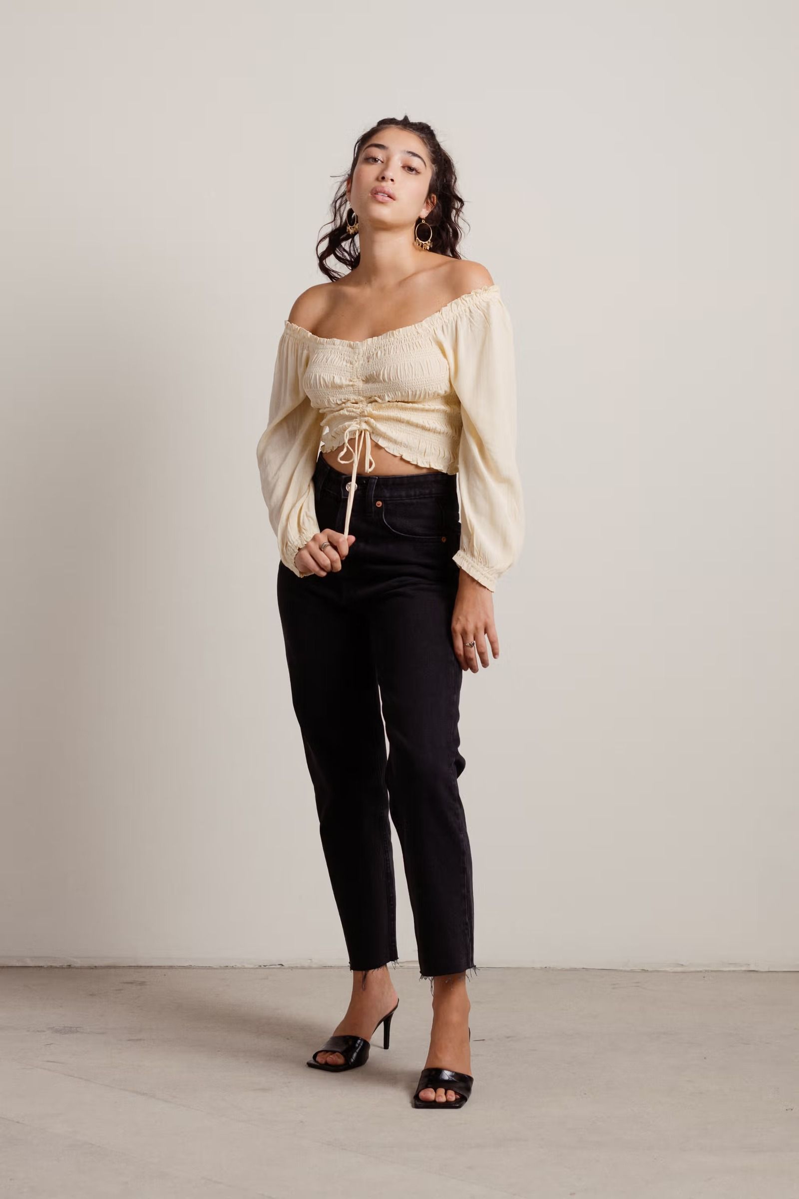 White Crop Top - Ruched Crop Top With Drawstring - Ivory Smocked Crop Top