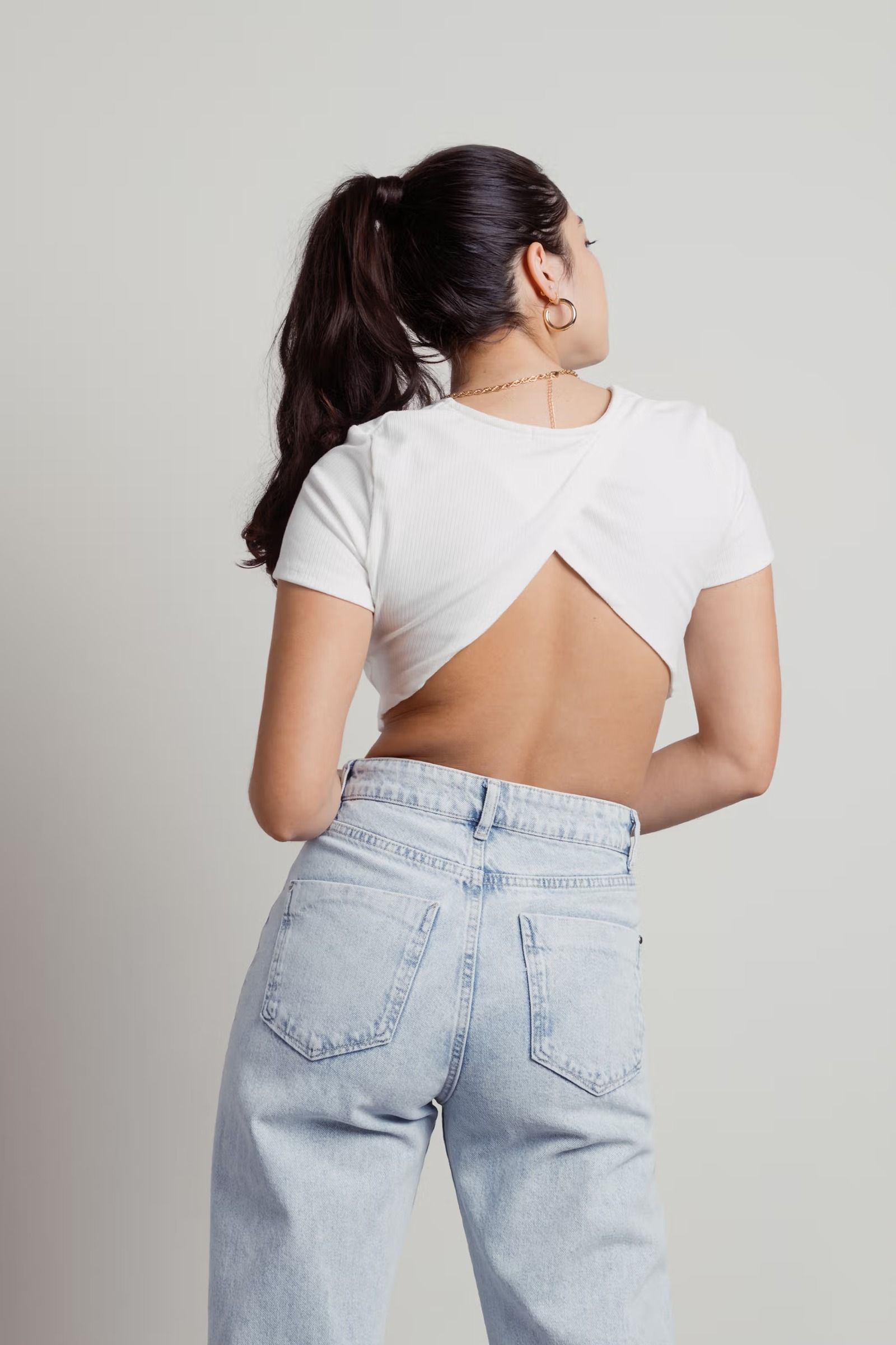 Ivory Open Back Top - White V-Hem Tee - Ribbed Crop Top