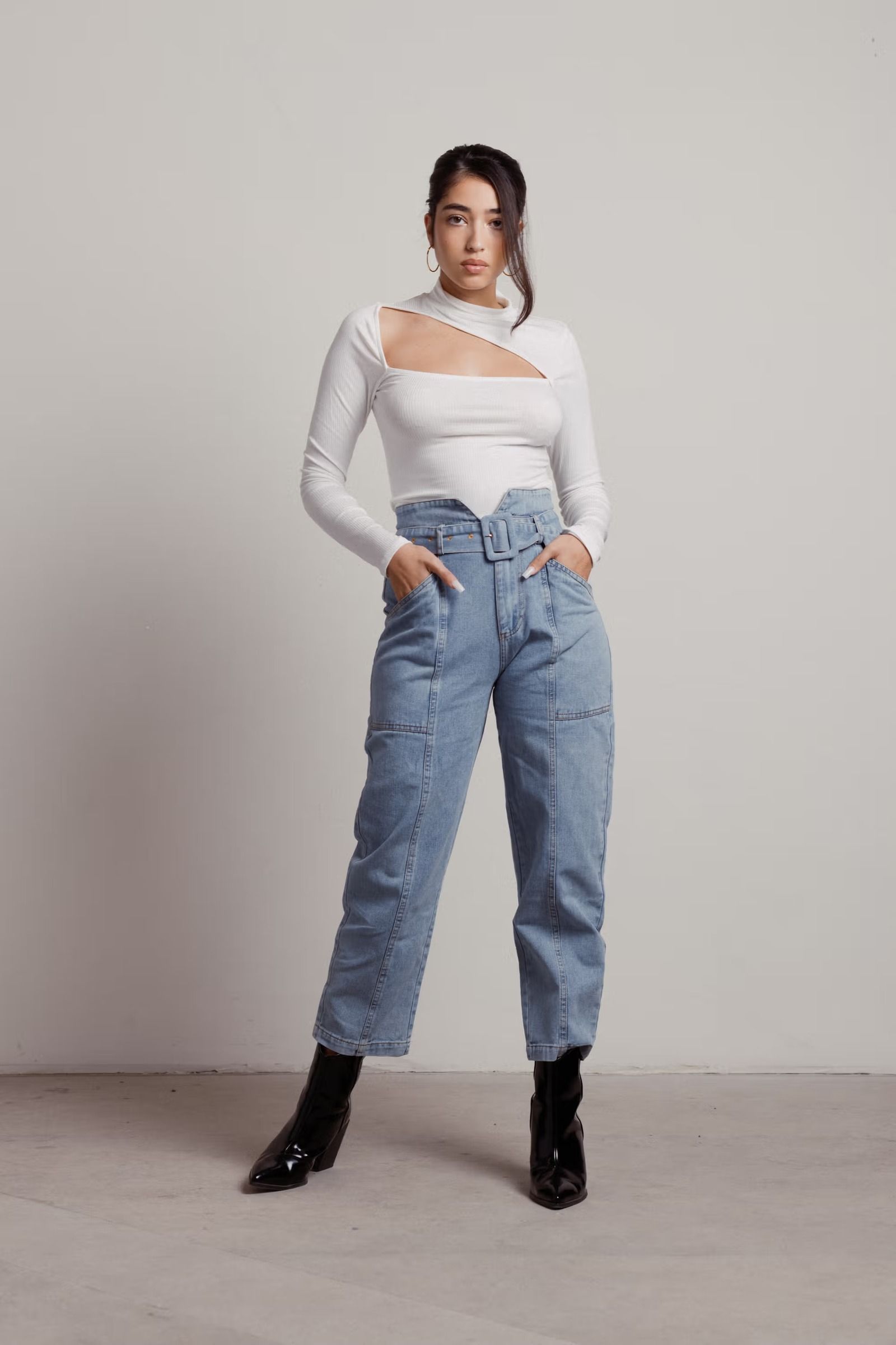 White Crop Top - Ribbed Long Sleeve Crop Top - Ivory Cutout Crop Top