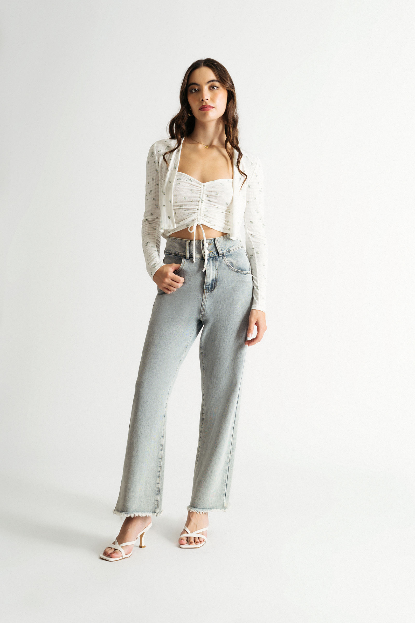 Ivory Crop Top - Long Sleeve Top - White Ruched Top