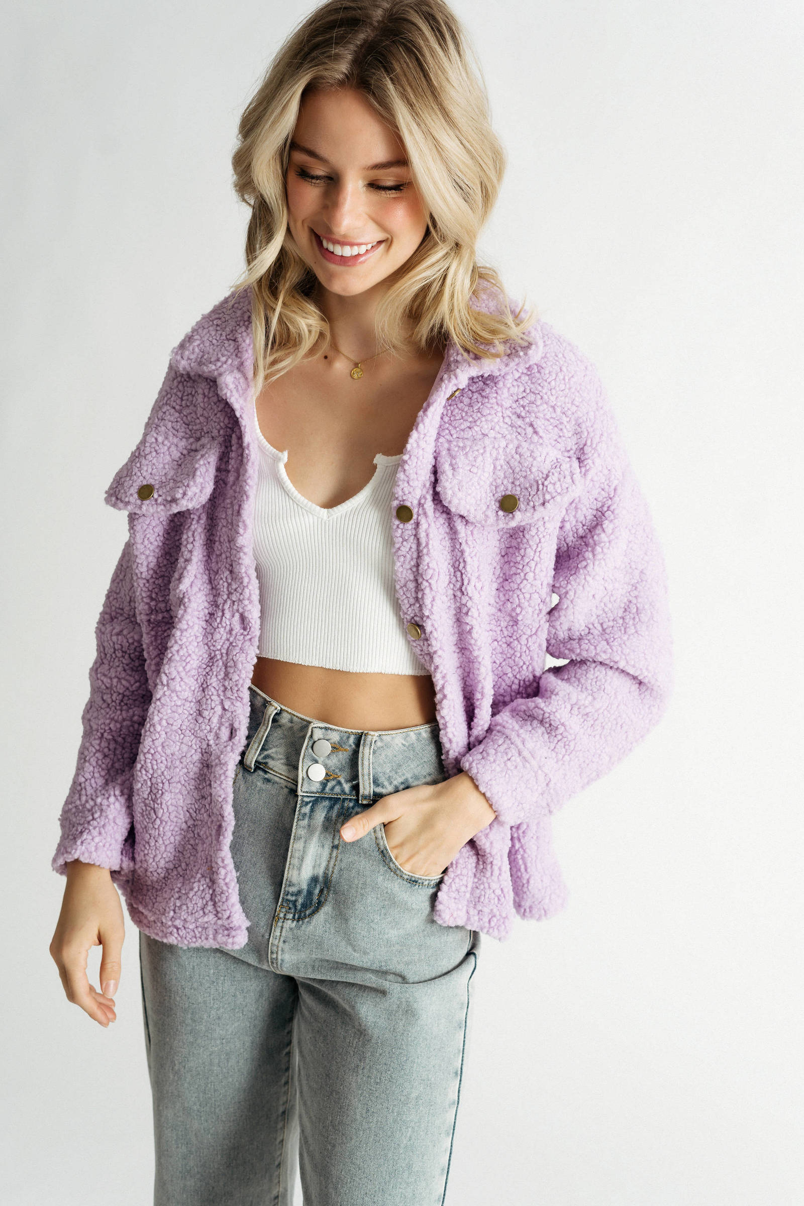 Lavender Long Sherpa Jacket - Cute Fluffy Teddy Jacket